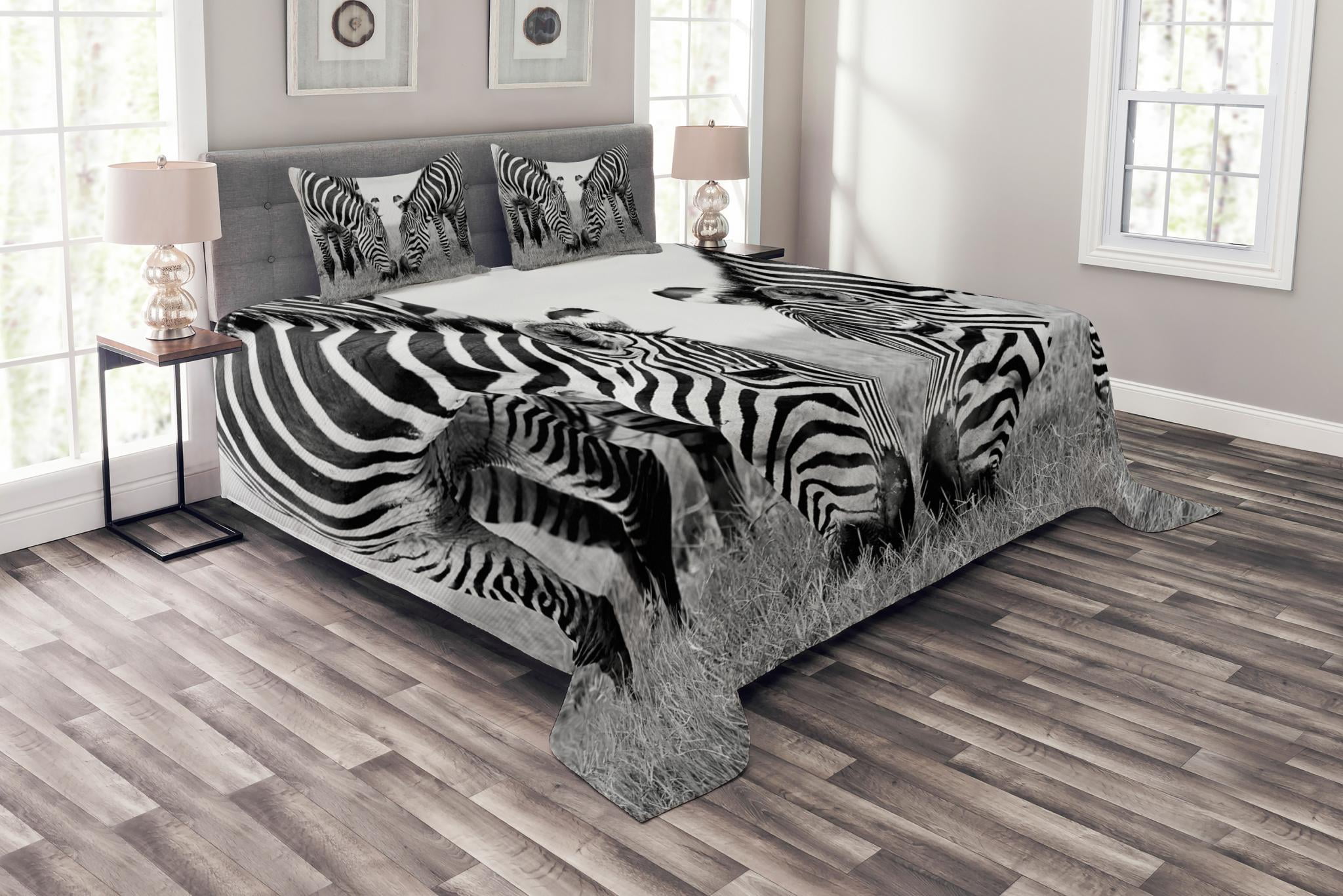 Ambesonne Zebra Quilted Bedspread Set 3 Pcs, Wildlife Burchell, Queen ...