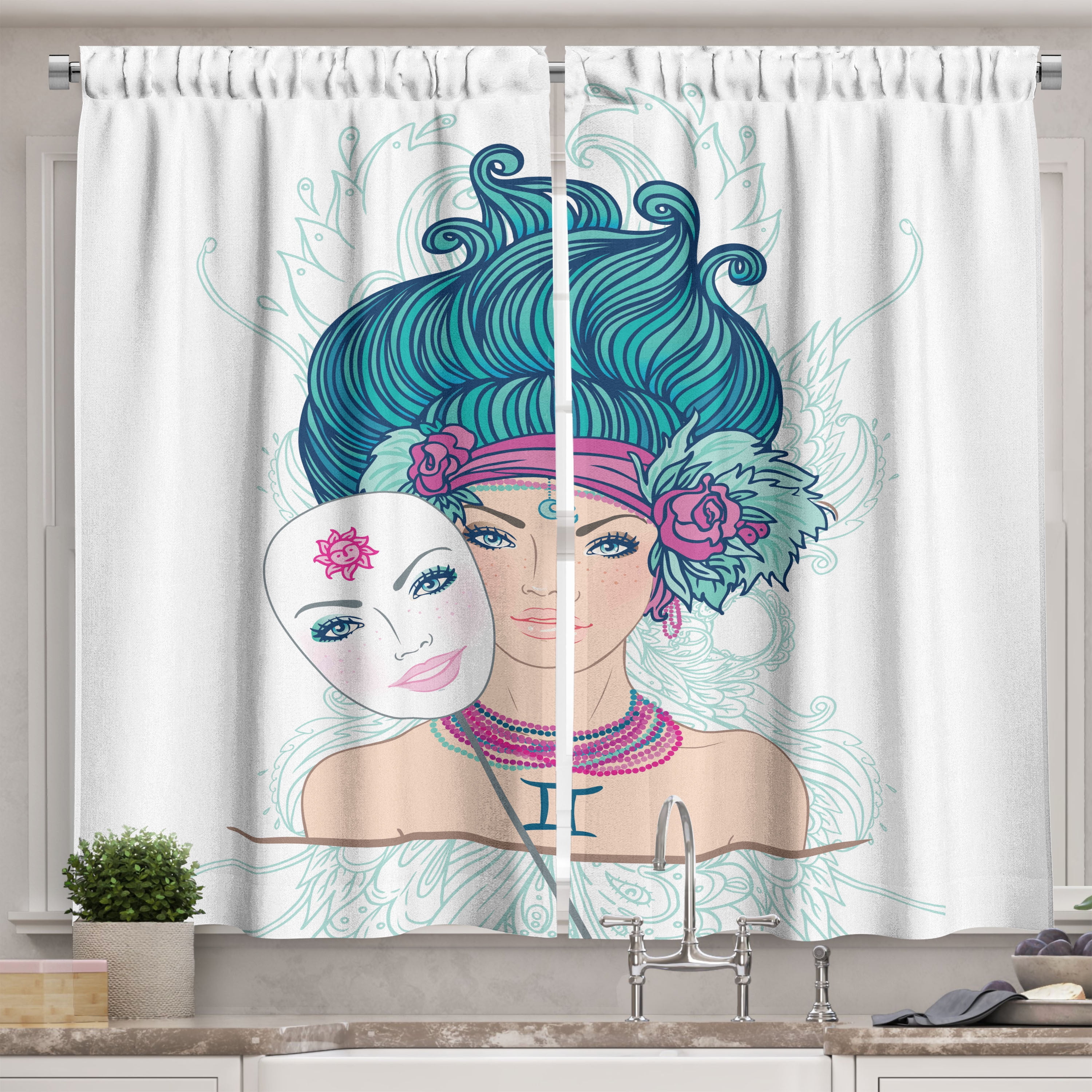 Ambesonne Zodiac Gemini Kitchen Curtains, Young Lady, 55"x36 ...