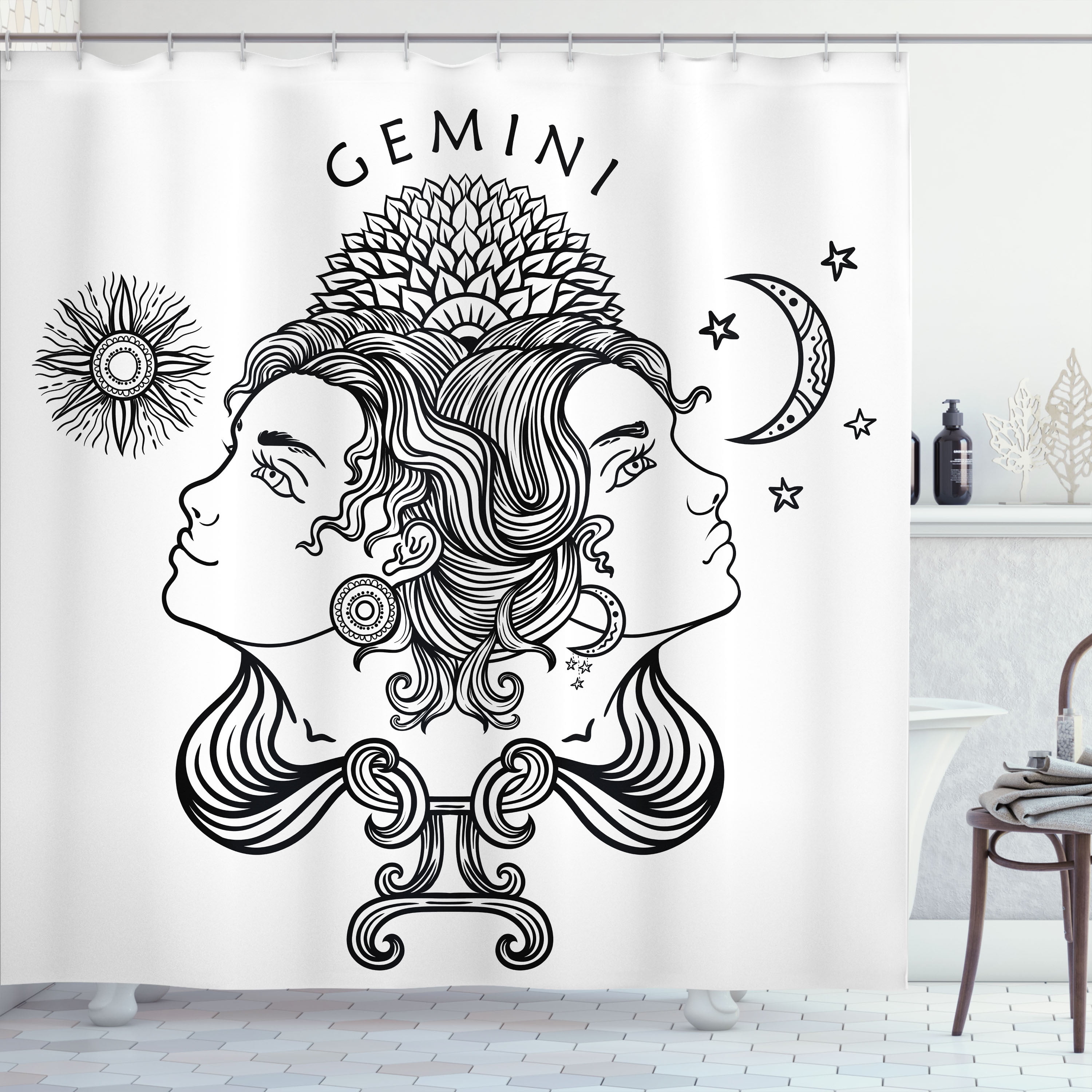 Ambesonne Zodiac Gemini Shower Curtain, Happy Sad, 69"Wx84"L, Black and ...