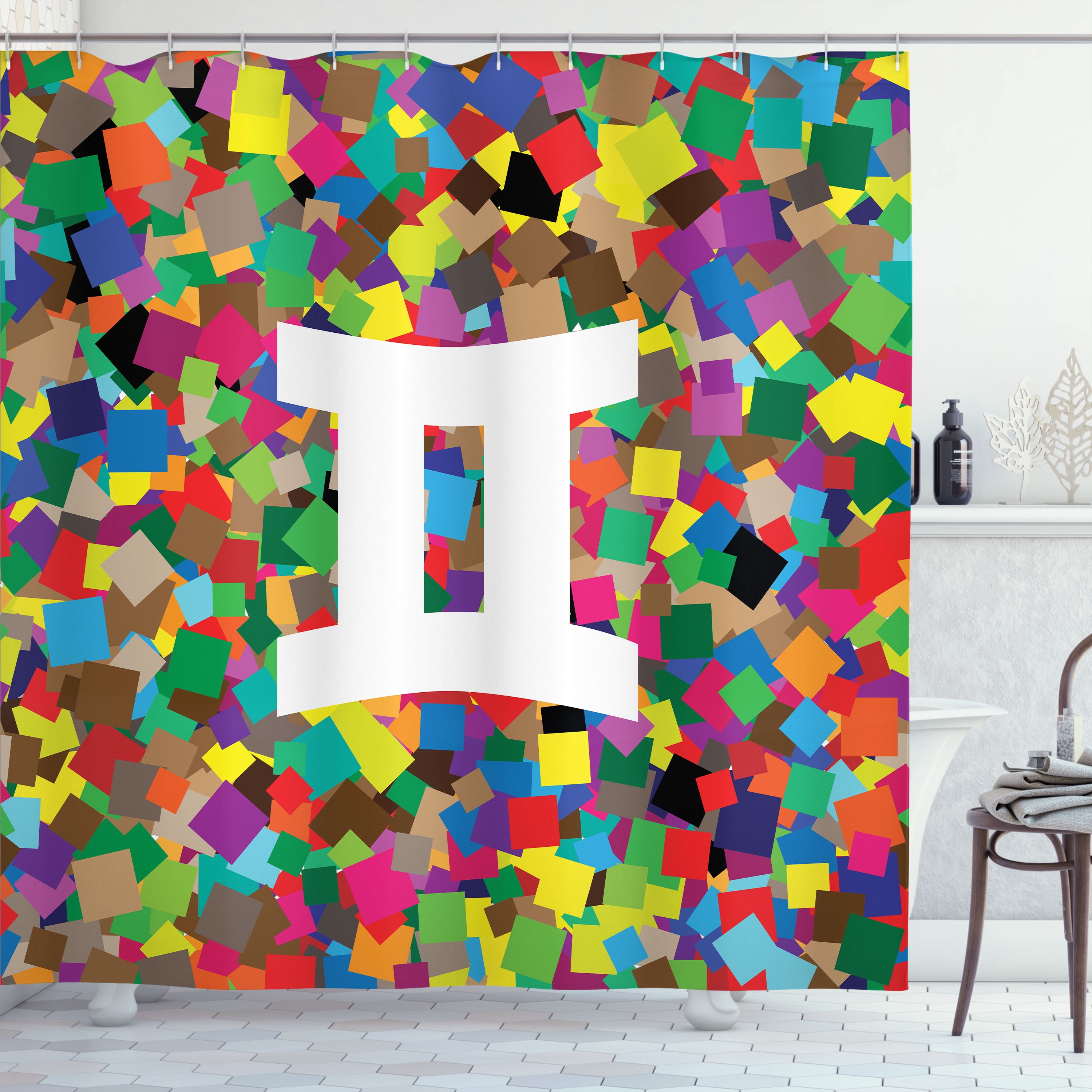 Ambesonne Zodiac Shower Curtain, Gemini Symbol on Squares, 69"Wx84"L ...
