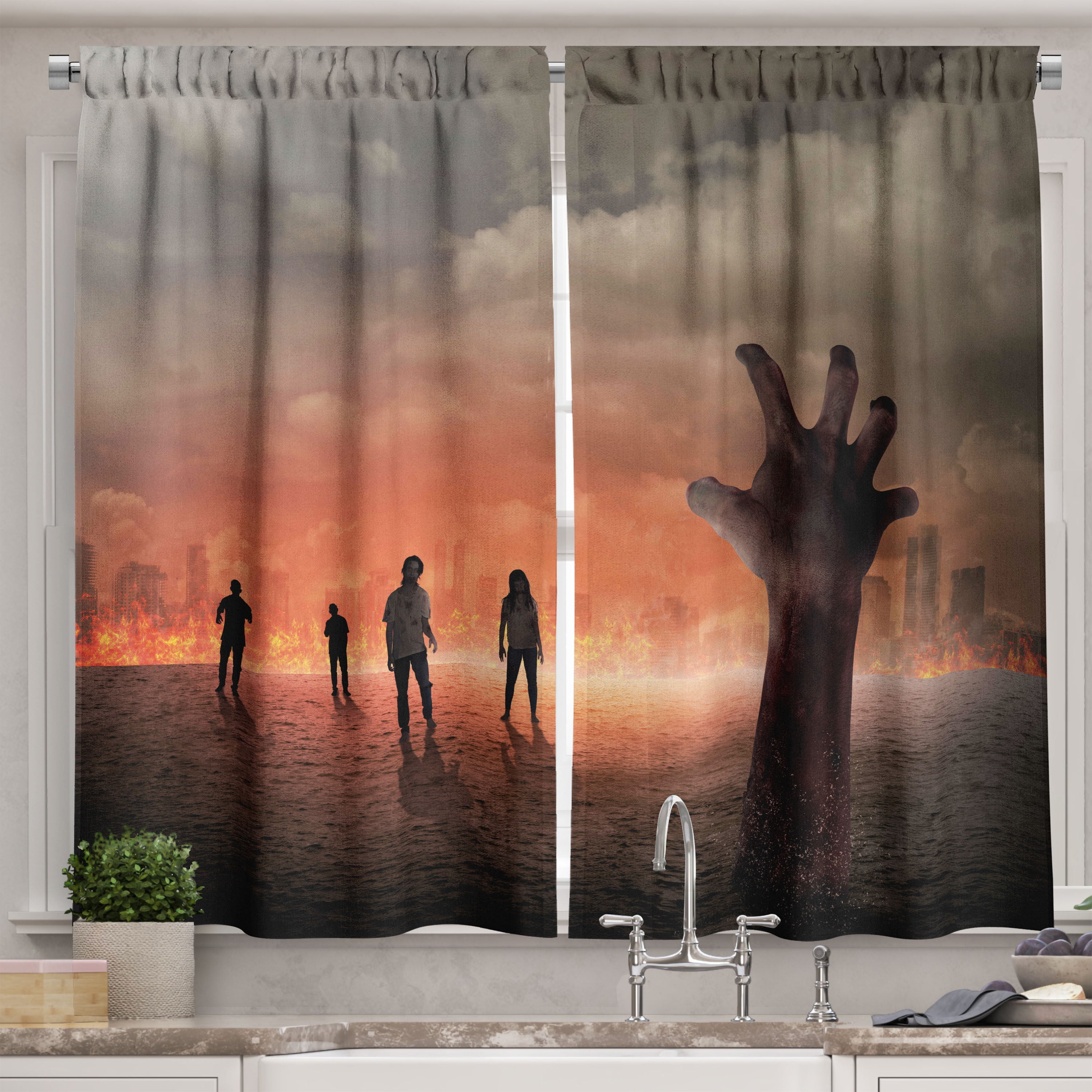 Ambesonne Zombie Kitchen Curtains, Death Burning City, 55"x39", Salmon ...