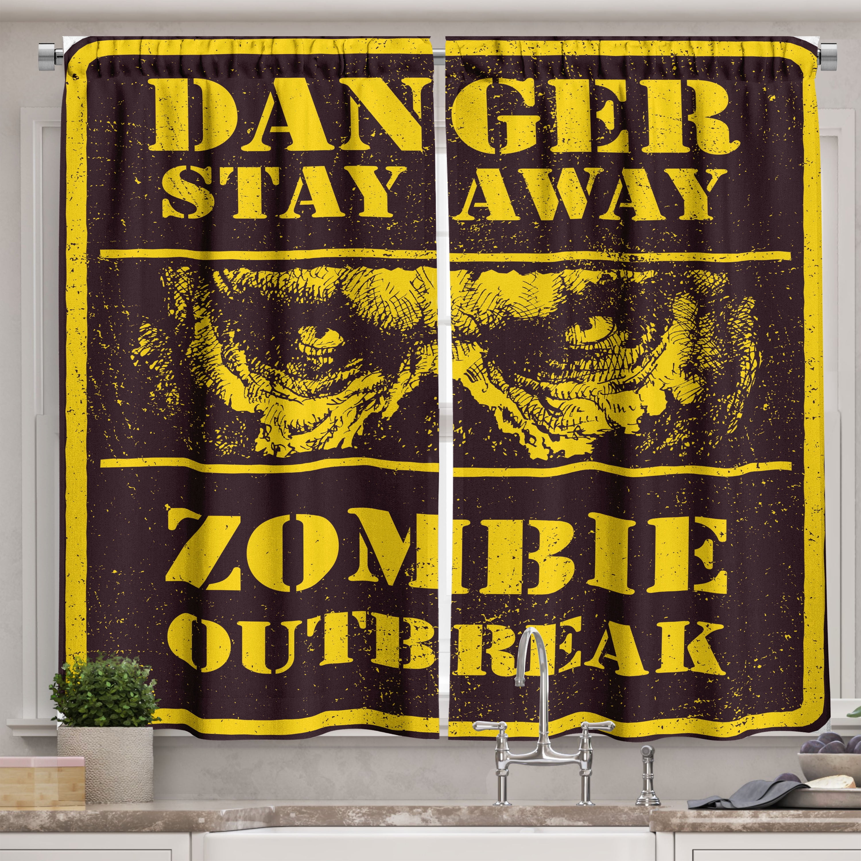 Ambesonne Zombie Kitchen Curtains, Monster Warning, 55"x39", Chestnut ...