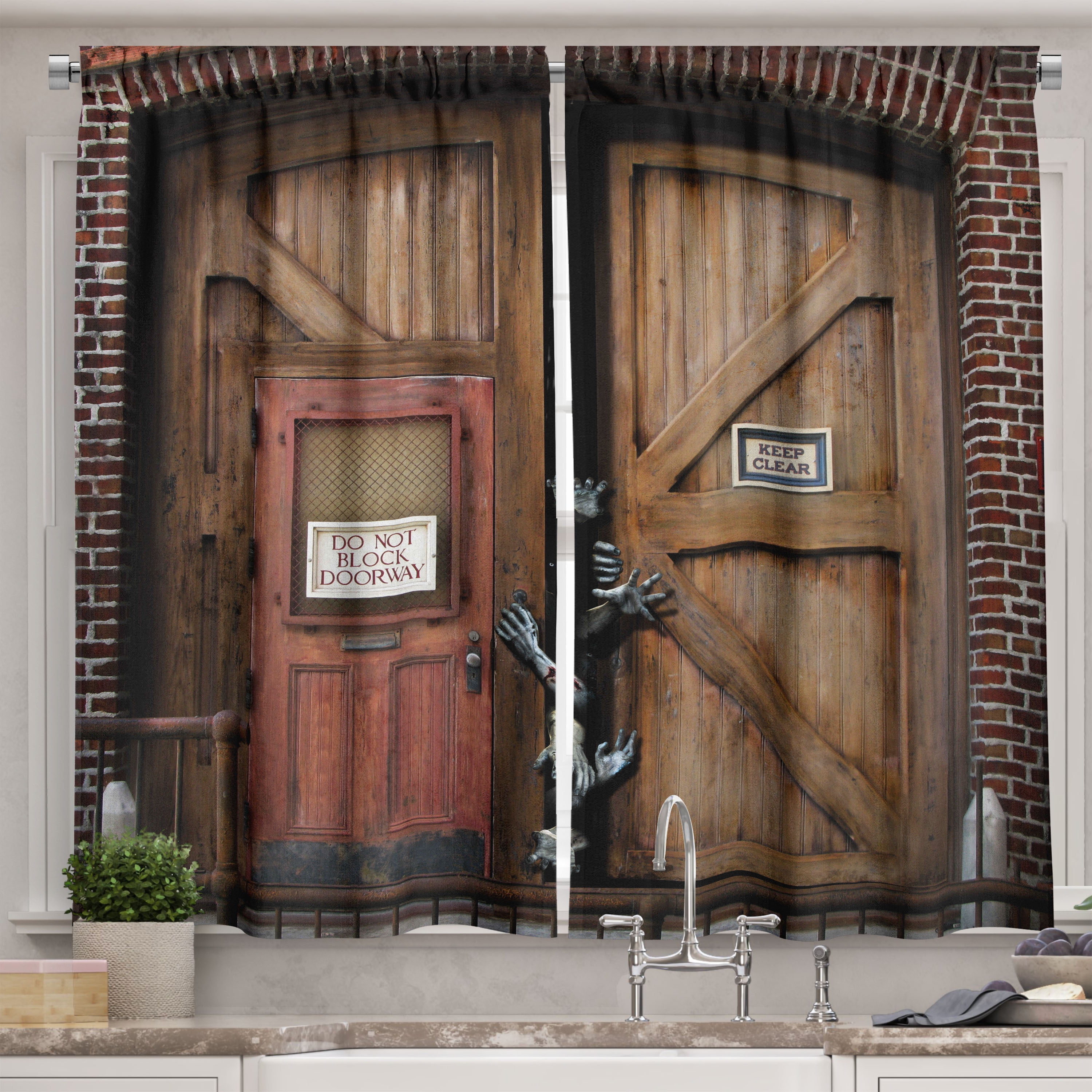 Ambesonne Zombie Kitchen Curtains, Monster Wood Door, 55"x45", Umber ...