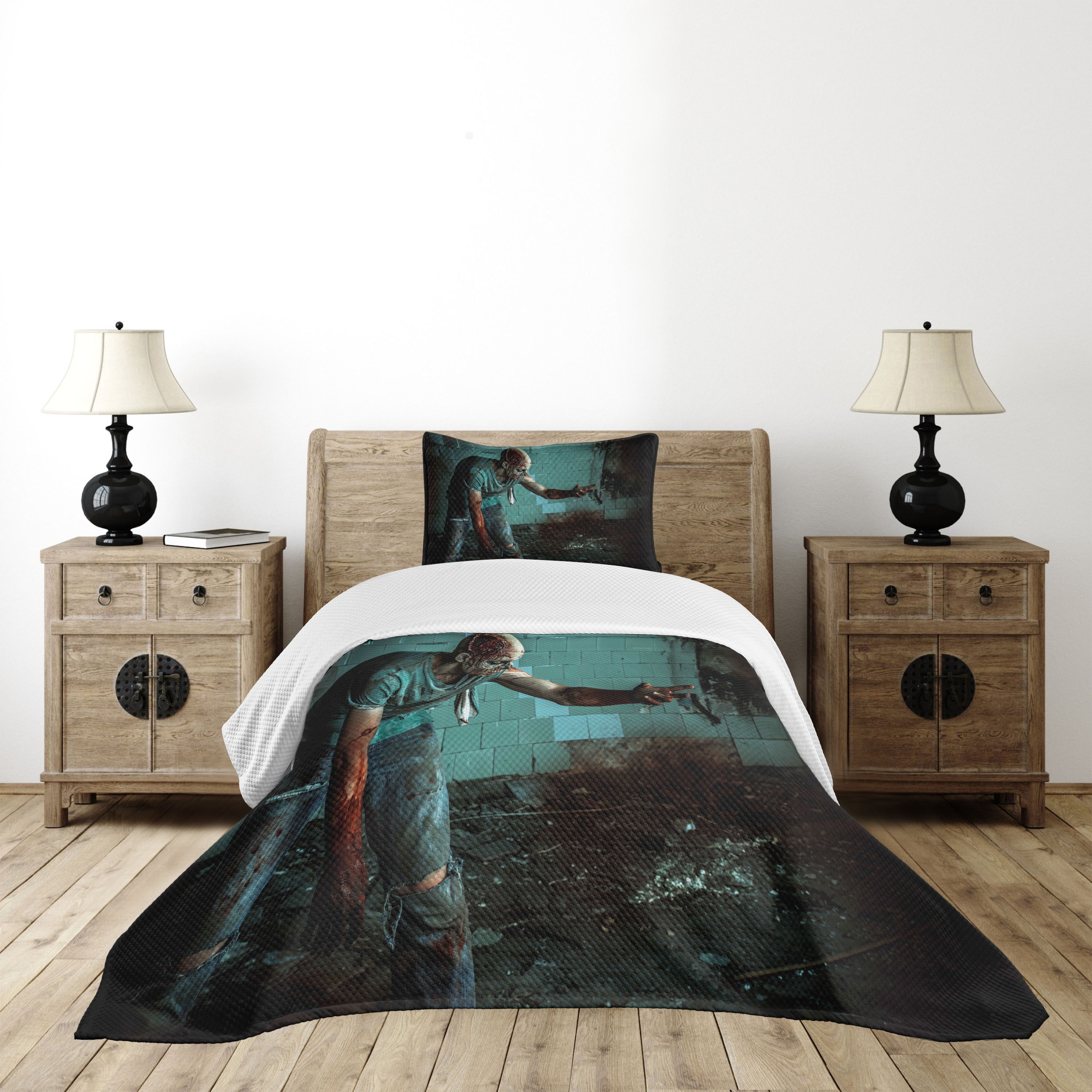 Ambesonne Zombie Quilted Bedspread Set 2 Pcs, Bloody Nightmare, Twin ...