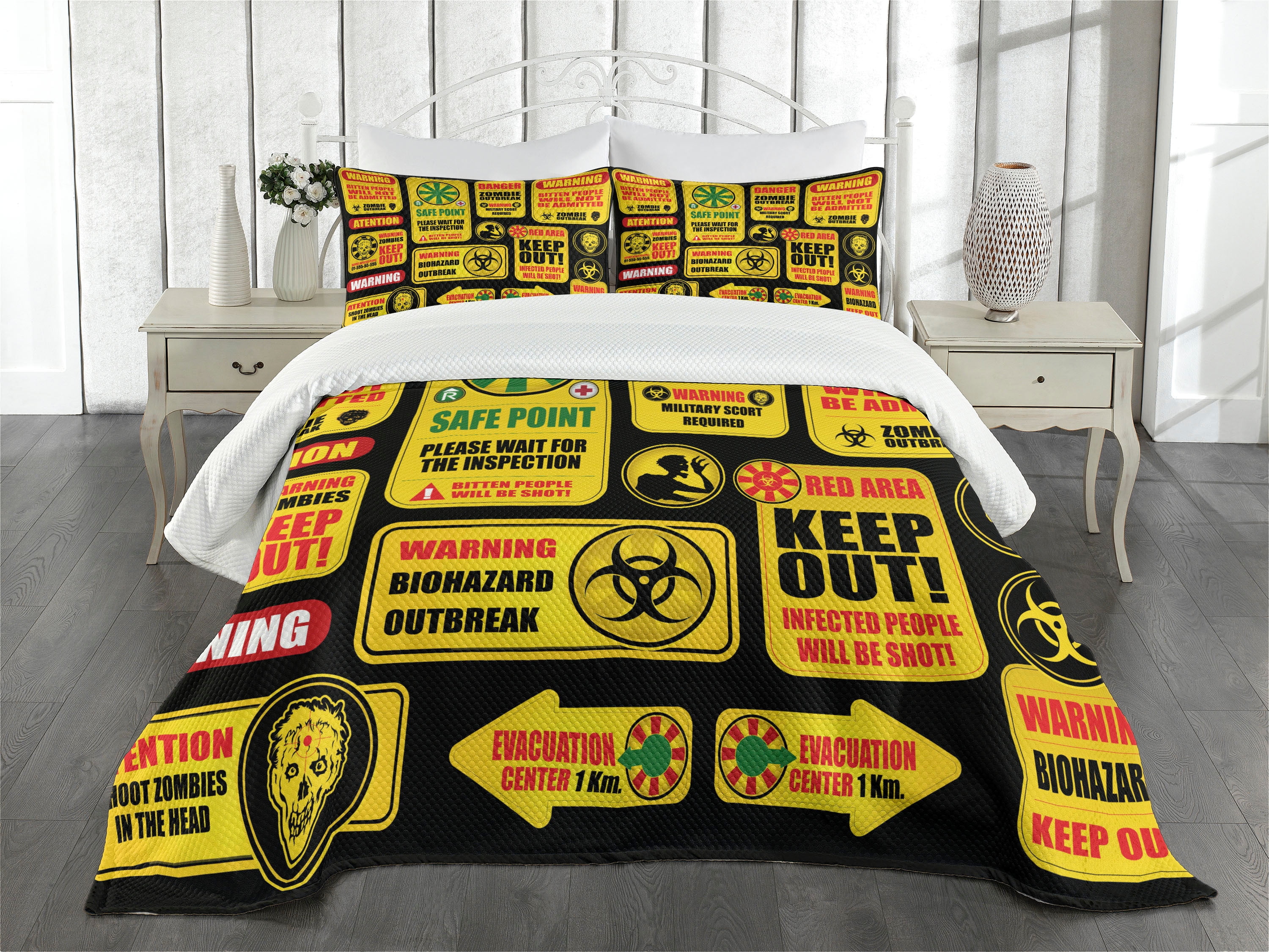 Ambesonne Zombie Quilted Bedspread Set 3 Pcs, Apocalypse Signs, Queen ...