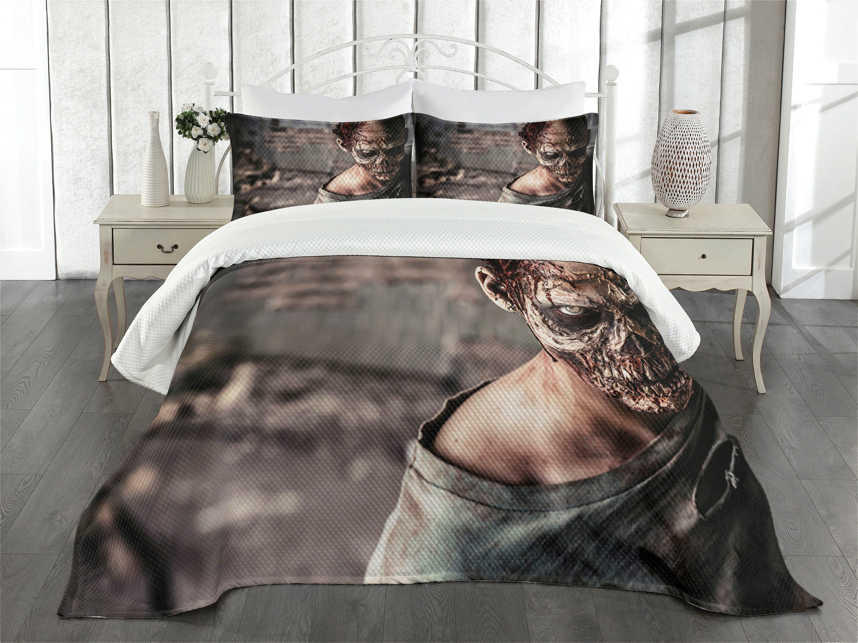 Ambesonne Zombie Quilted Bedspread Set 3 Pcs, Creepy Look Killer, Queen ...