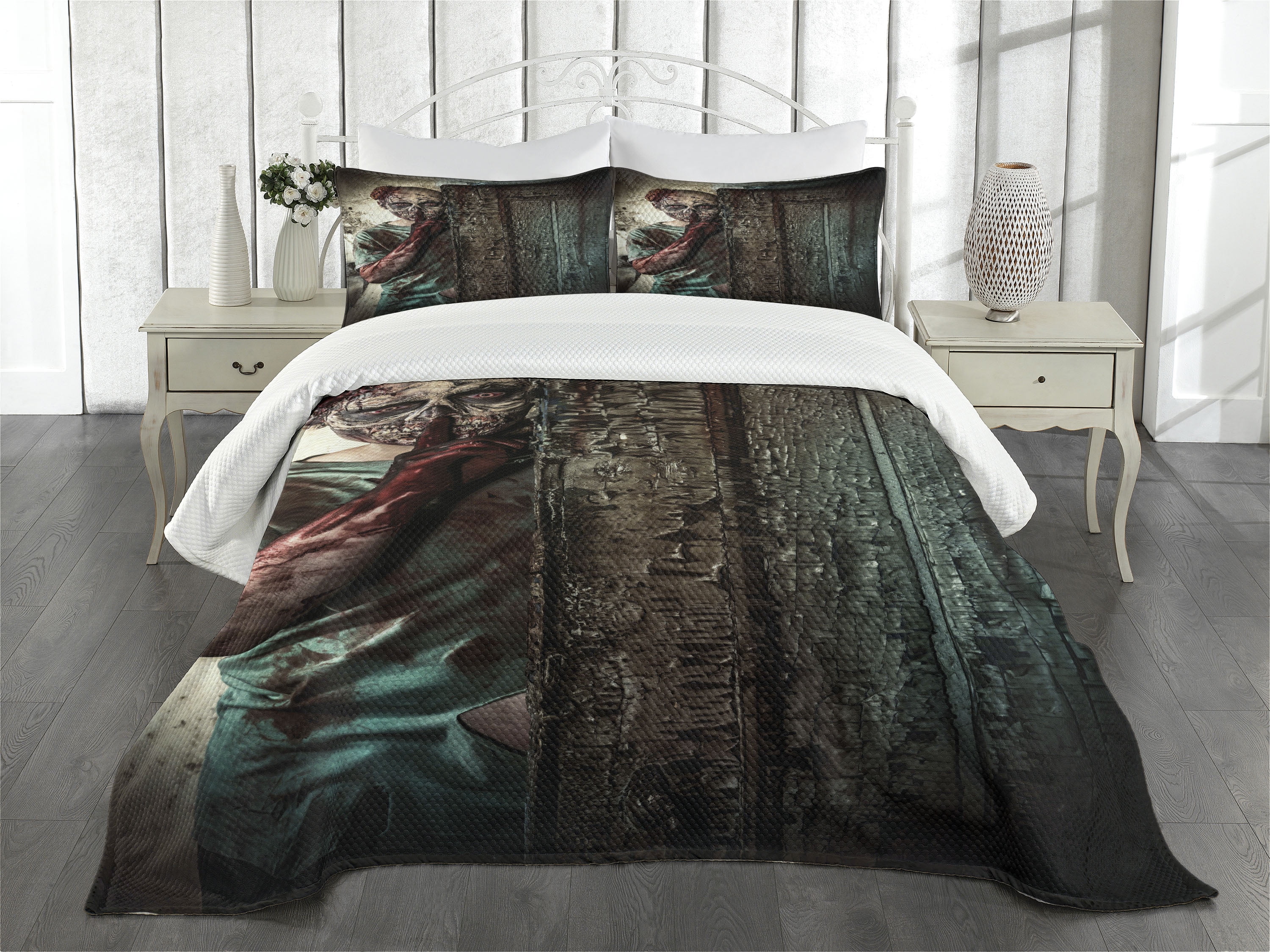 Ambesonne Zombie Quilted Bedspread Set 3 Pcs, Evil Eyes Monster, Queen ...
