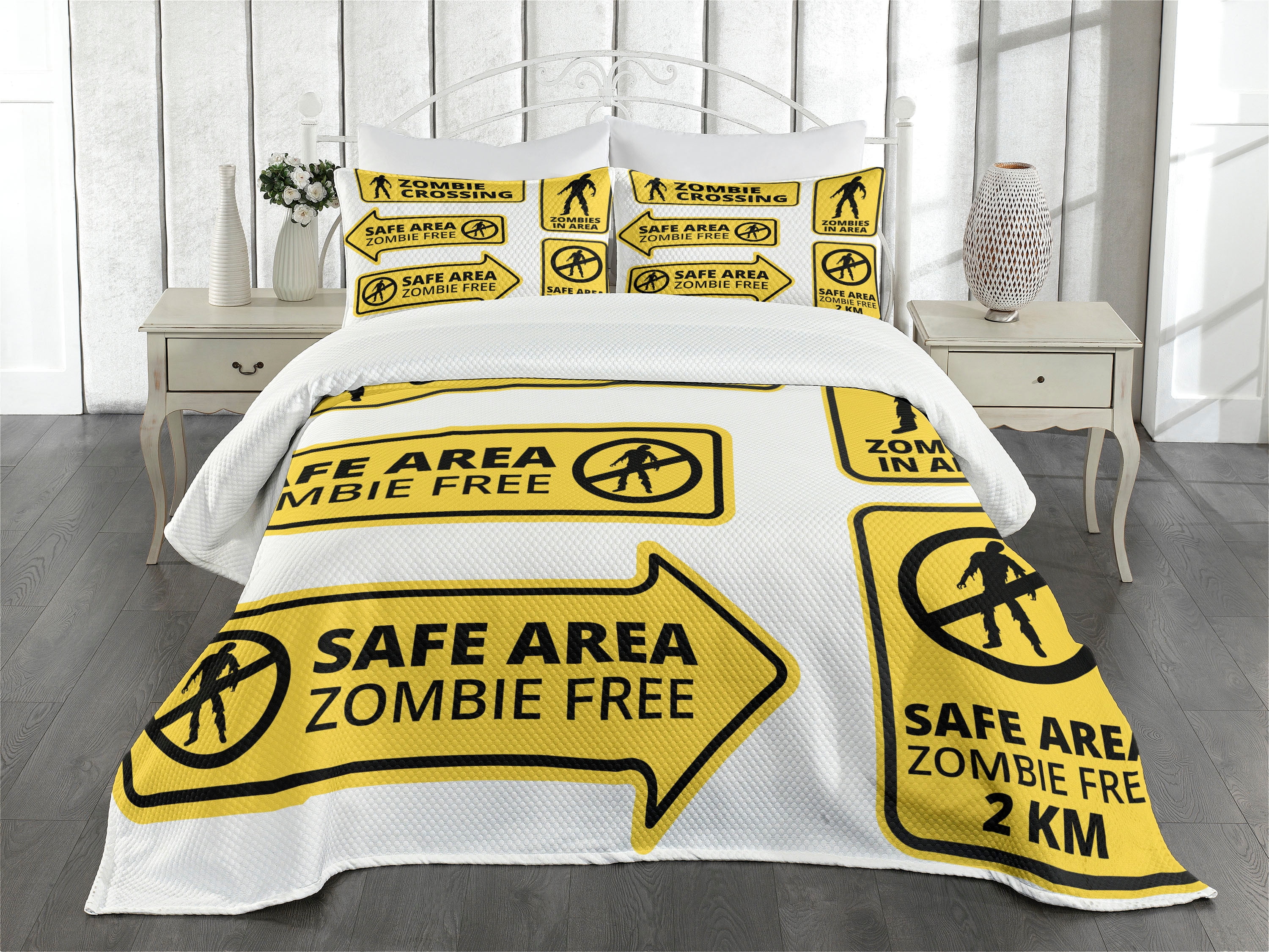 Ambesonne Zombie Quilted Bedspread Set 3 Pcs, Safe Area Zone, King Size ...