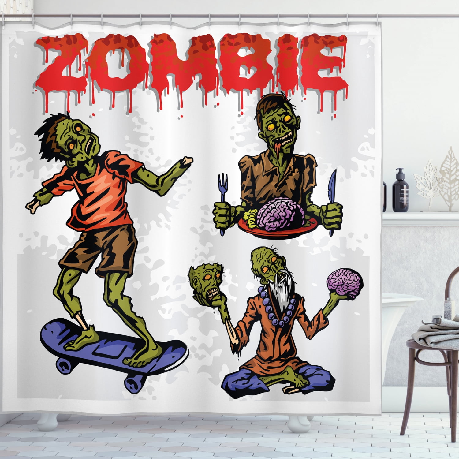 Ambesonne Zombie Shower Curtain, Man Eating Brain, 69"Wx70"L, Olive ...