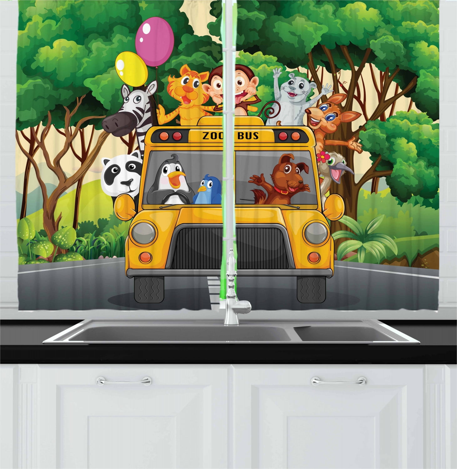 Ambesonne Zoo Kitchen Curtains, Animals Balloons Bus Travel, 55"x39 ...