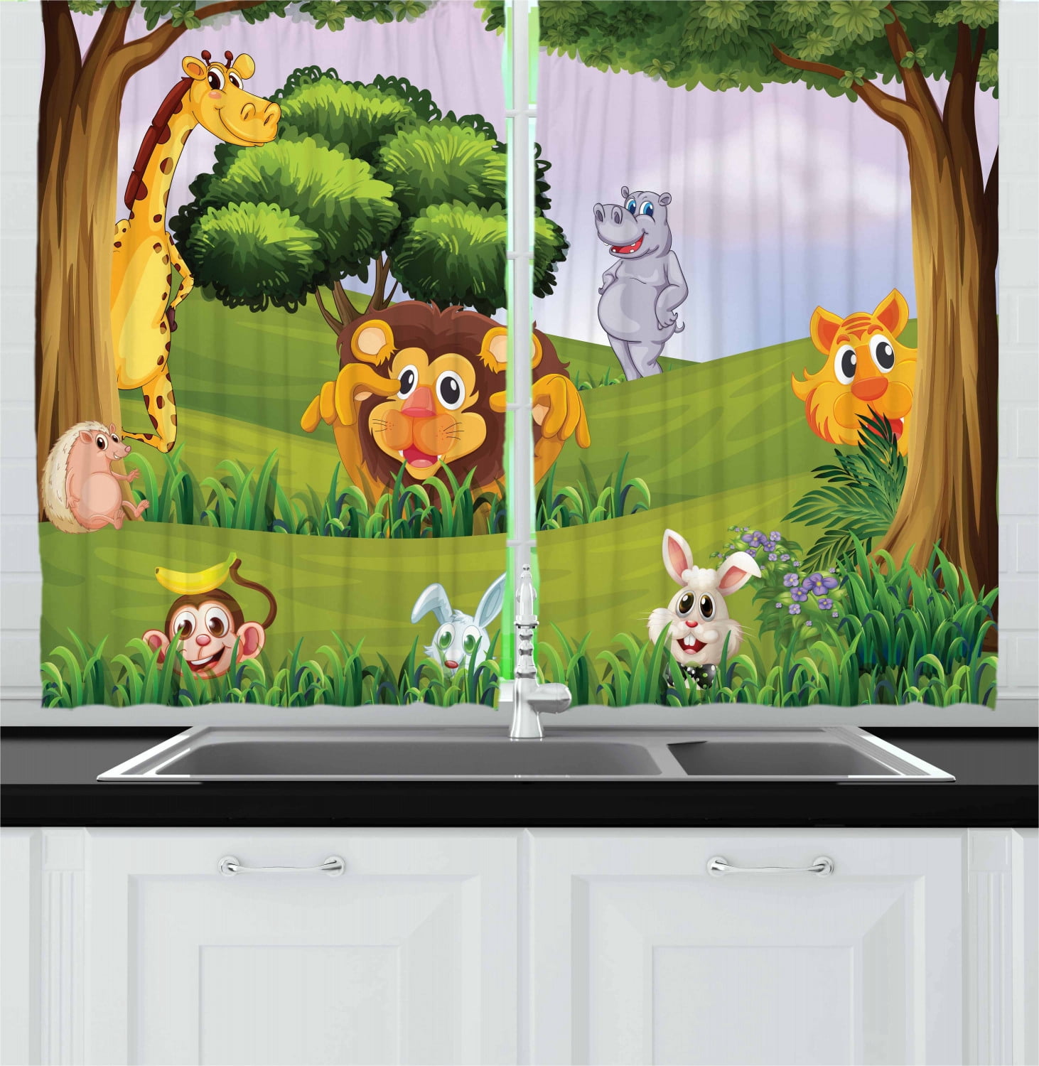 Ambesonne Zoo Kitchen Curtains, Animals in Forest Savannah Art, 55"x39 ...