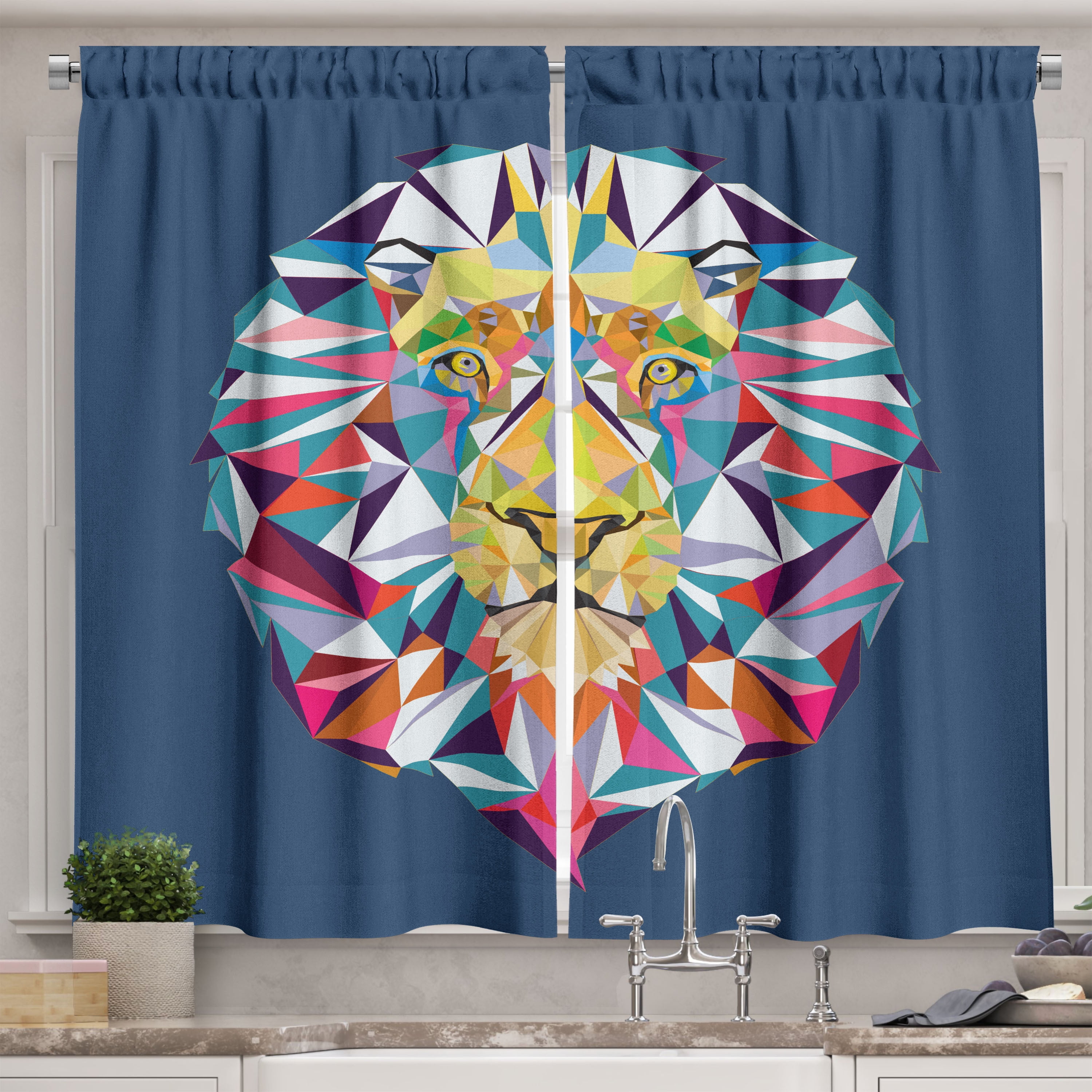 Ambesonne Zoo Kitchen Curtains, Geometric Animals Lions Print, 55"x36 ...
