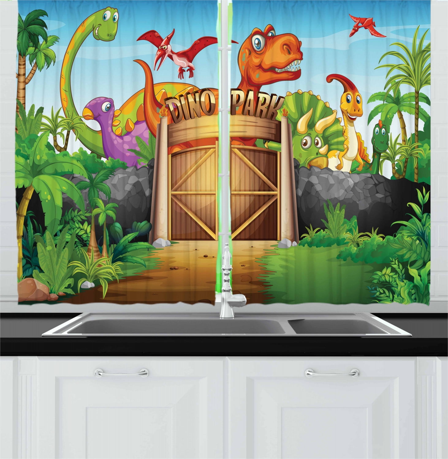Ambesonne Zoo Kitchen Curtains, Wild Dinosaurs Park Door, 55"x39 ...