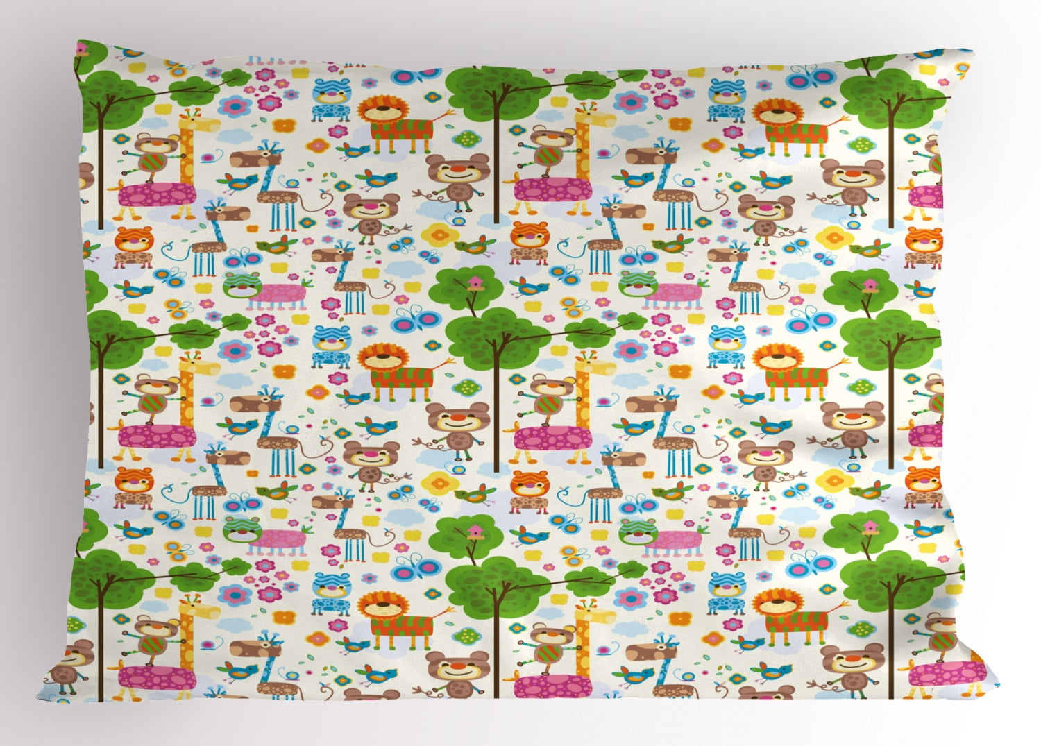 Ambesonne Zoo Pillow Sham, Happy Jungle Zoo Animals, 26" X 20 ...