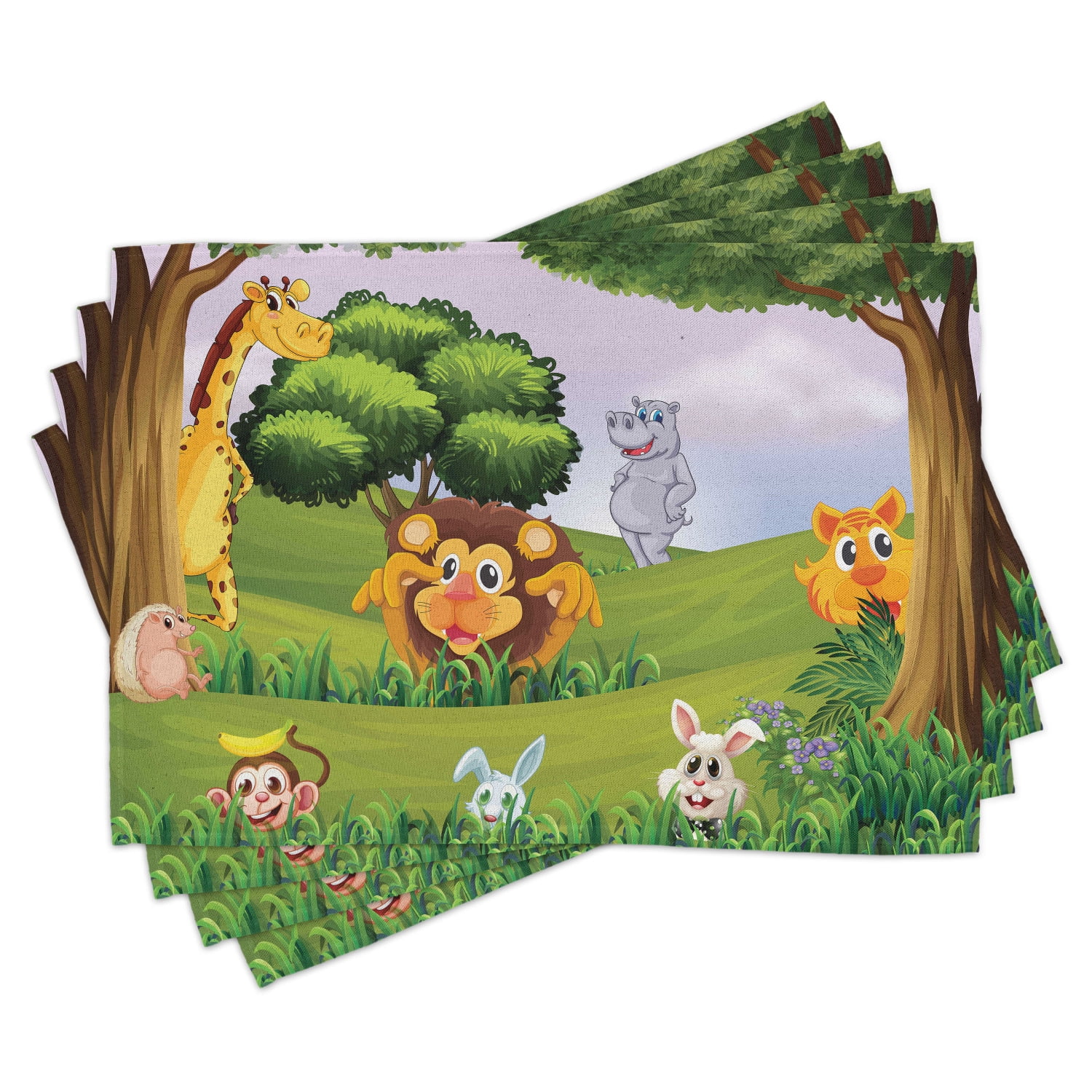 Ambesonne Zoo Place Mats Set of 4, Animals in Forest Savannah Art ...