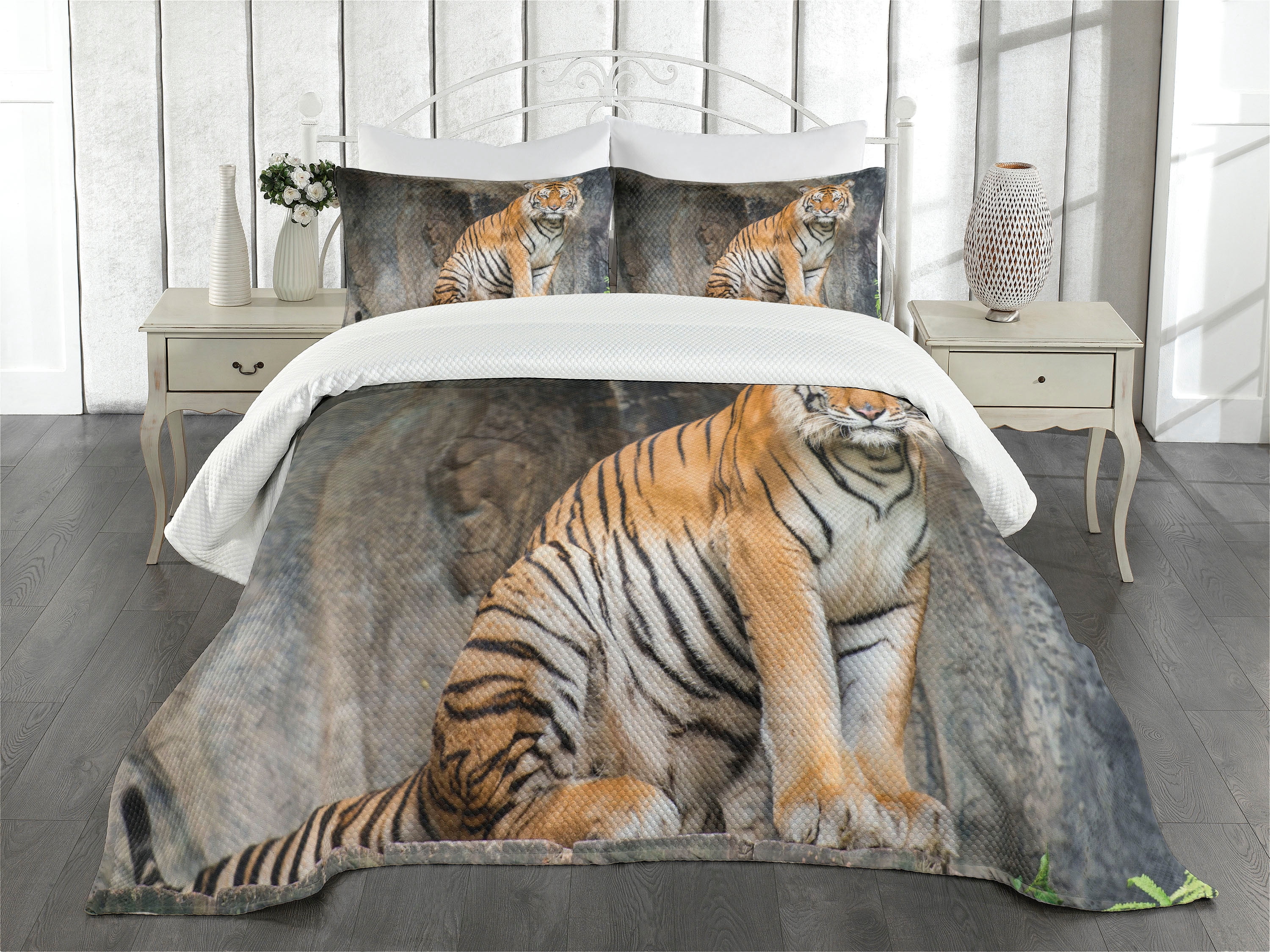 Ambesonne Zoo Quilted Bedspread Set 3 Pcs, Bengal Tiger Cat Predator ...