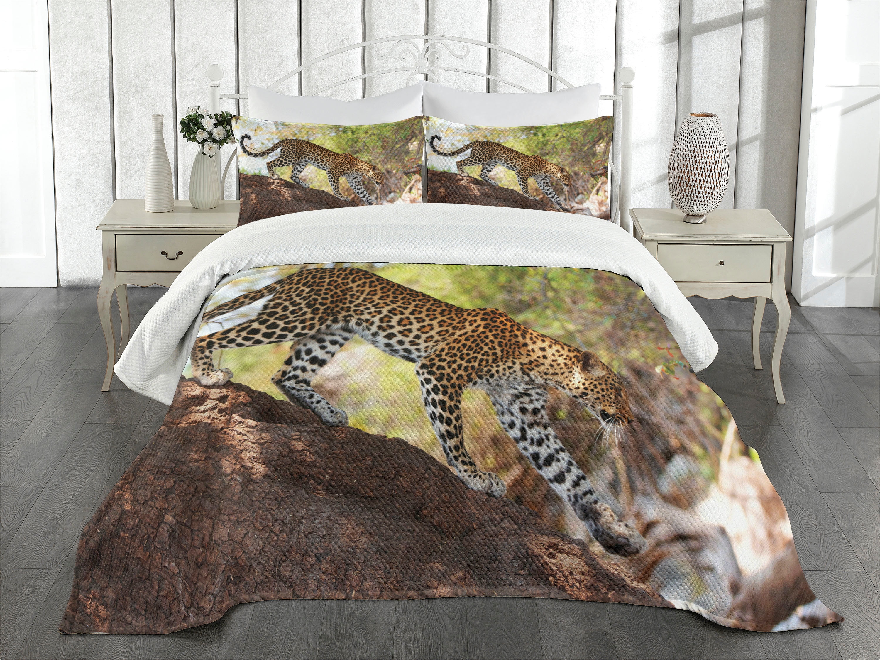 Ambesonne Zoo Quilted Bedspread Set 3 Pcs, Leopard Tree Nature Reserve ...