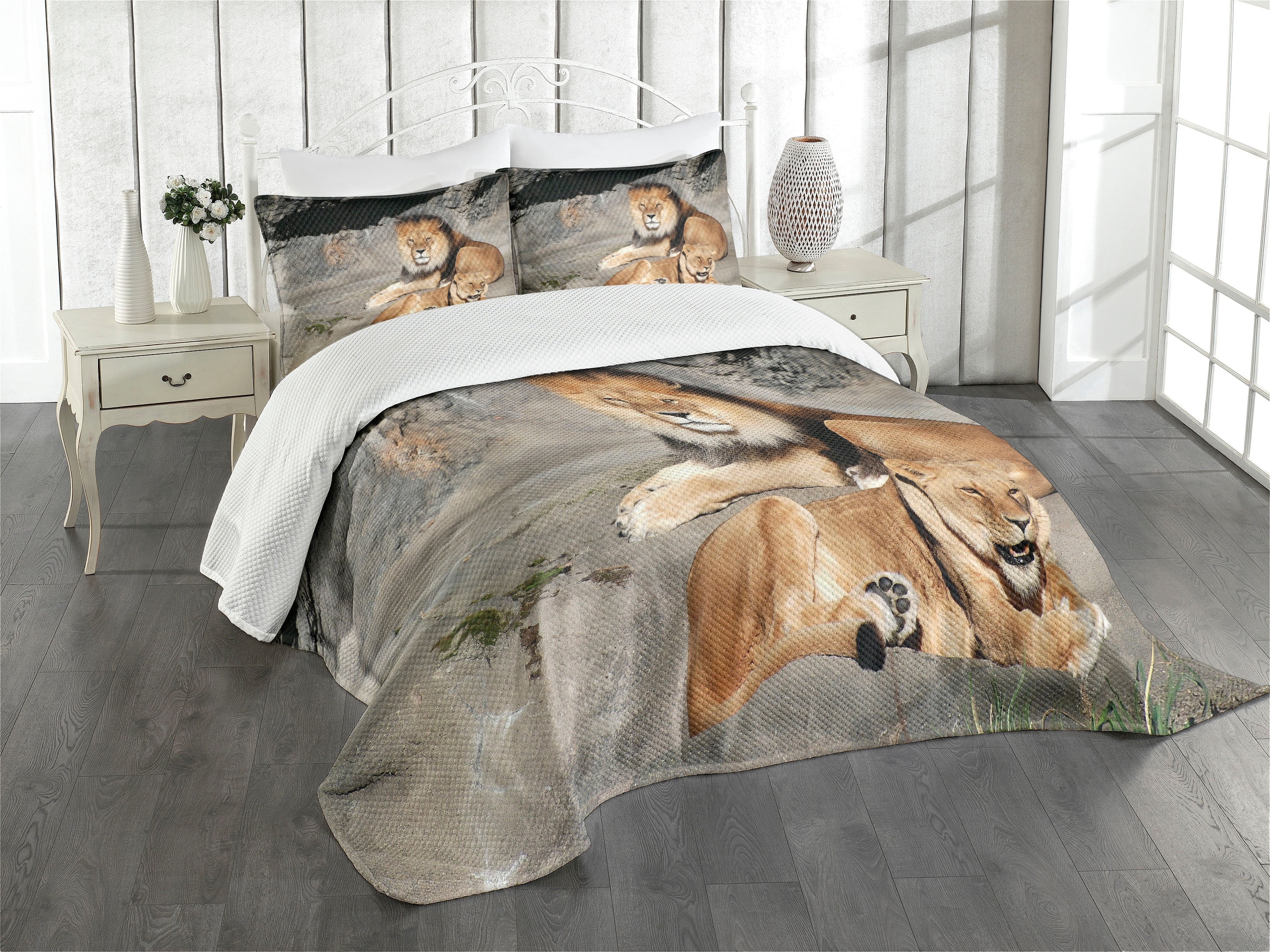 Ambesonne Zoo Quilted Bedspread Set 3 Pcs, Lions Basking in Sun Jungle ...