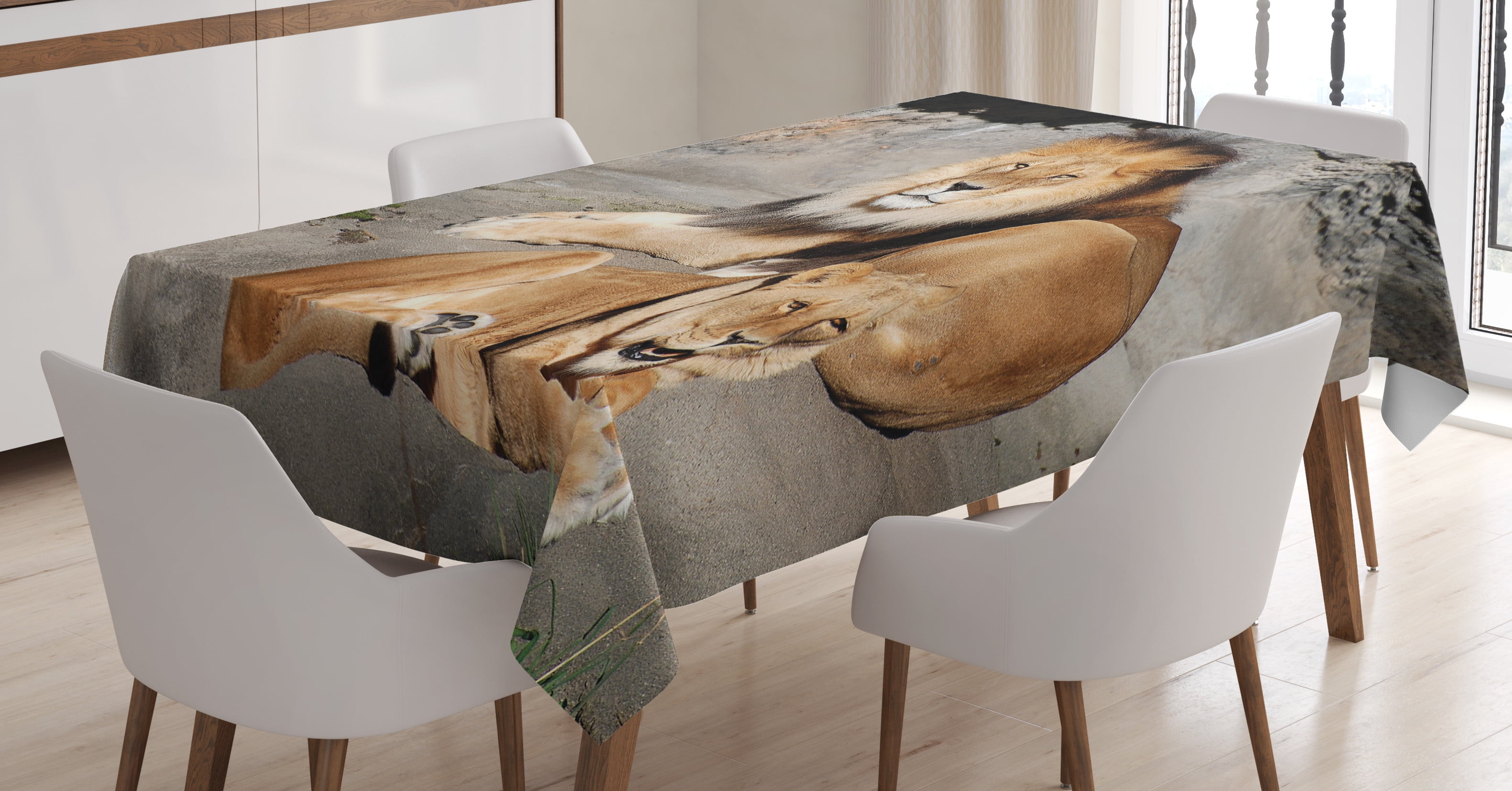 Ambesonne Zoo Tablecloth Rectangular Table Cover, Lions Basking in Sun Jungle, 60"x90", Pale ...