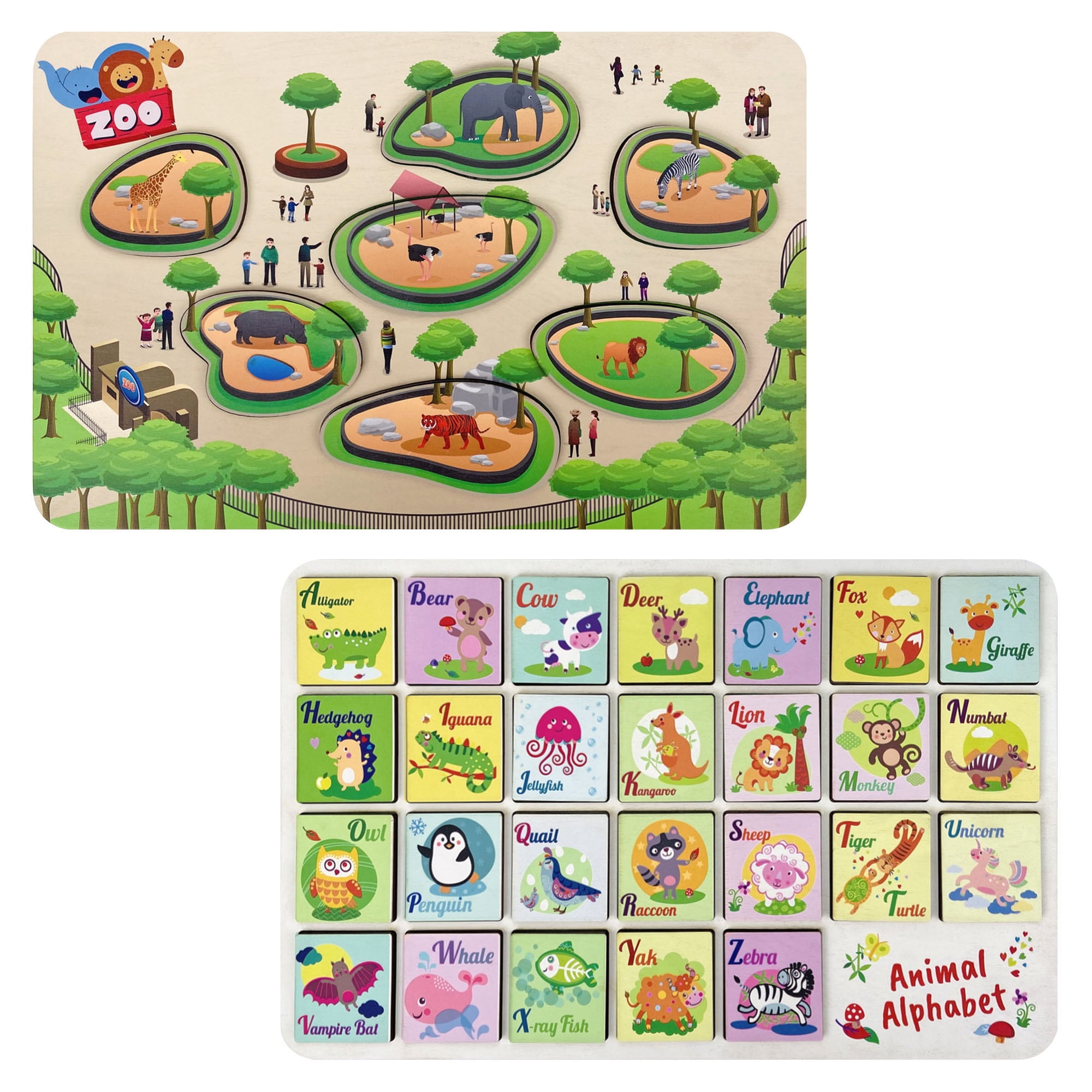 Ambesonne Zoo and ABC Wooden Puzzle Set of 2 Chunky Pieces, Learn ...