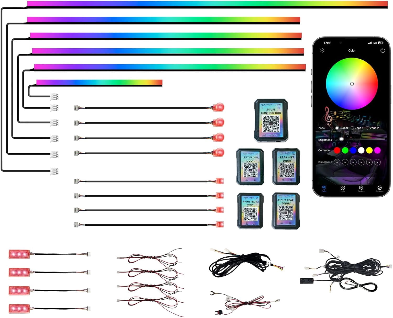 Ambient Lighting Car Interior LED Strip Lights 18-in-1, 175” Acrylic ...