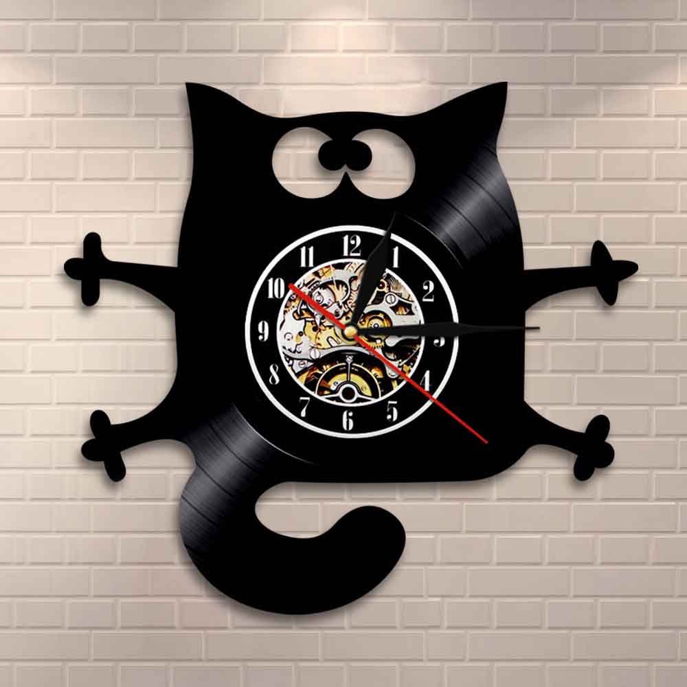 Amblelife Cat Meow Wall Clock Funny Black Cat Home Decor Modern Vinyl ...