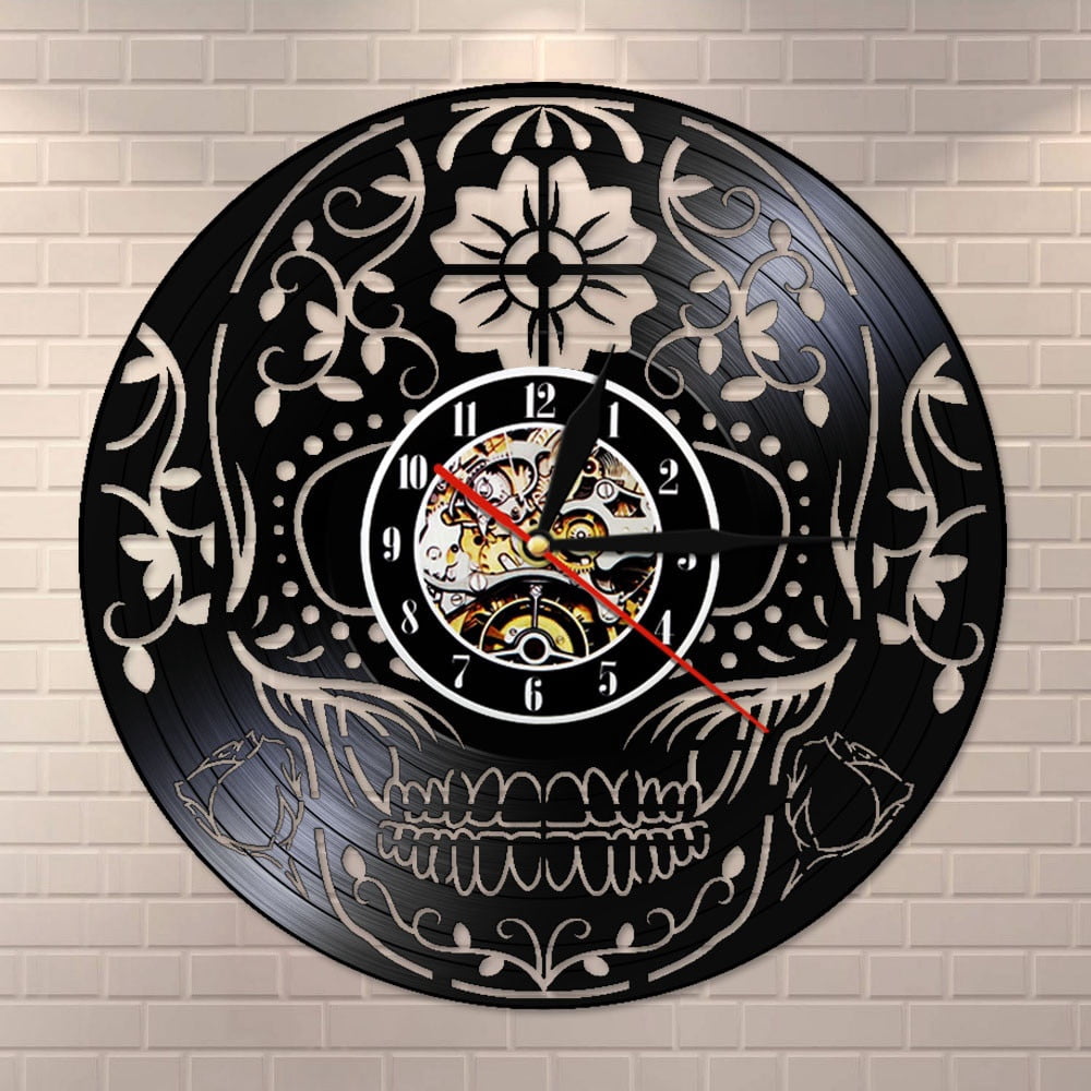 Amblelife The Day of the Dead Vinyl Record Wall Clock Hand Carved Skull ...