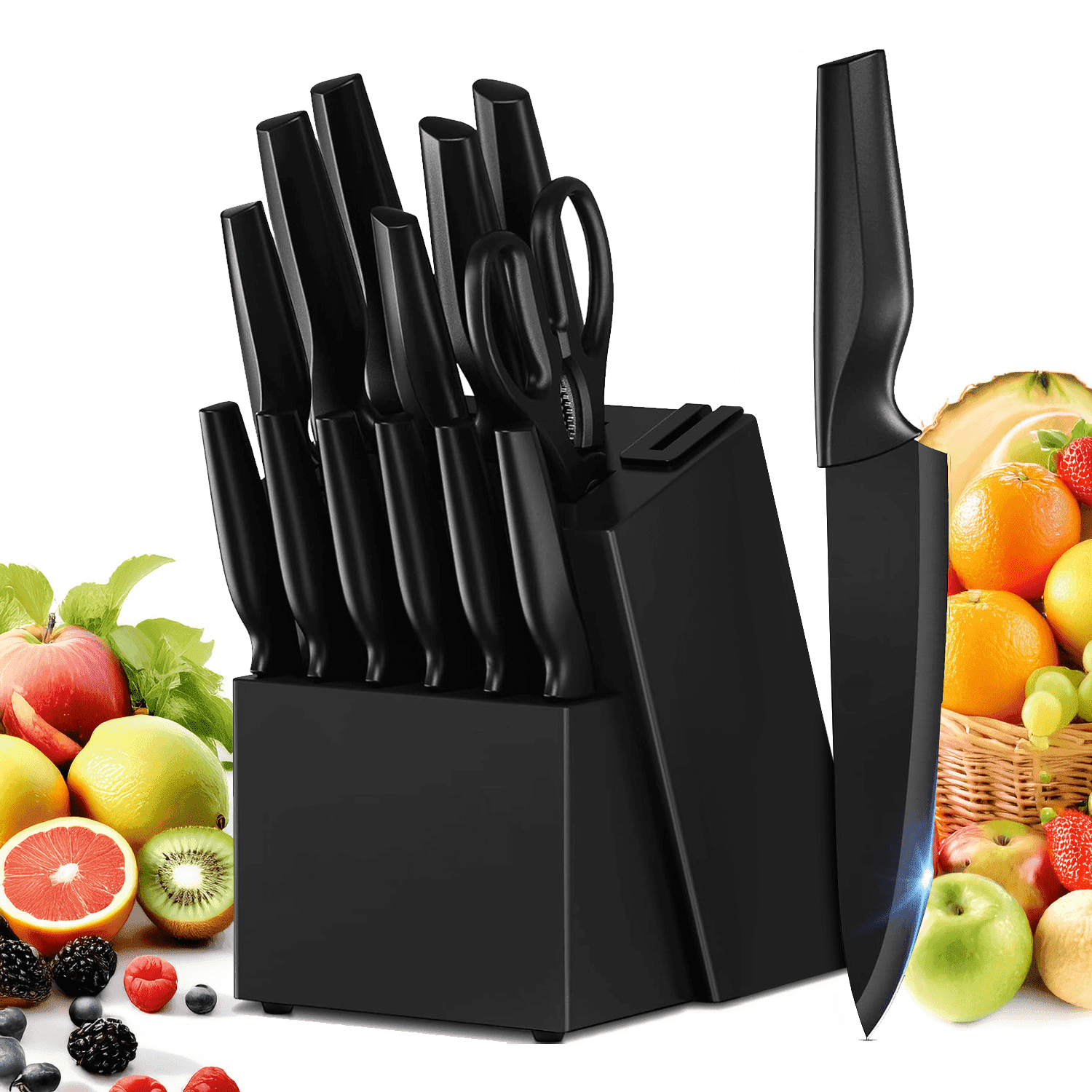 Knife Sets, 15 Pcs Sets with Block Built-in Sharpener Kitchen Knife ...