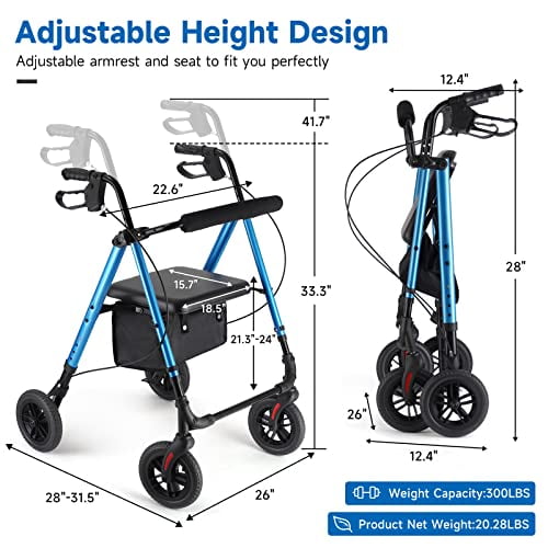Ambliss Rollator Walker Blue 8" Large 4 Wheels Rolling Walkers for ...
