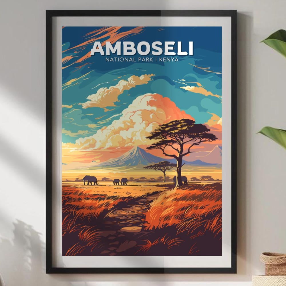 Amboseli National Park Poster: Kenya Travel Art Kilimanjaro Print ...