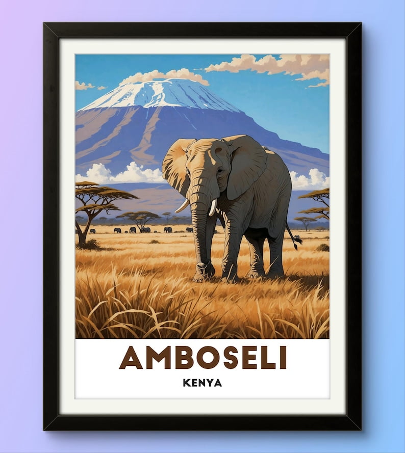 Amboseli National Park Poster, Majestic Elephant And Mount Kilimanjaro ...