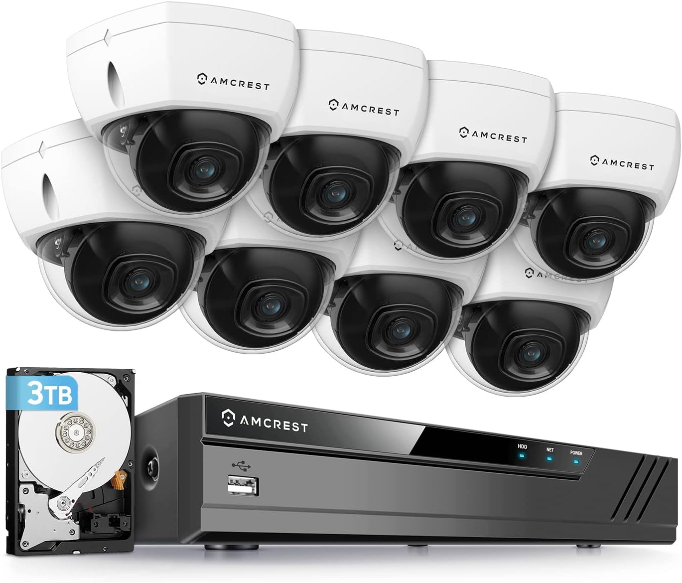 Amcrest 4K 16CH PoE NVR, 8 x 8MP IP67 Dome Cameras, 3TB HDD, NV4116E ...