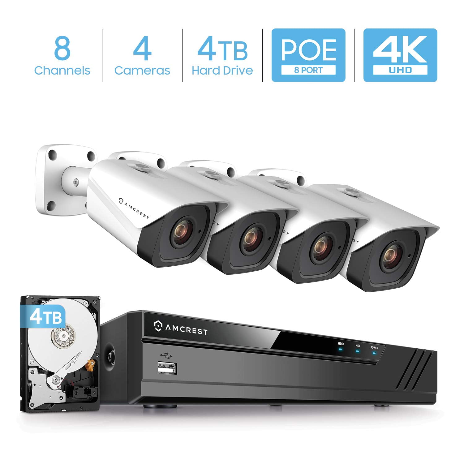 Amcrest 4K Security Camera System w/ 4K (8MP) 8CH PoE NVR, (4) x 4K (8 ...