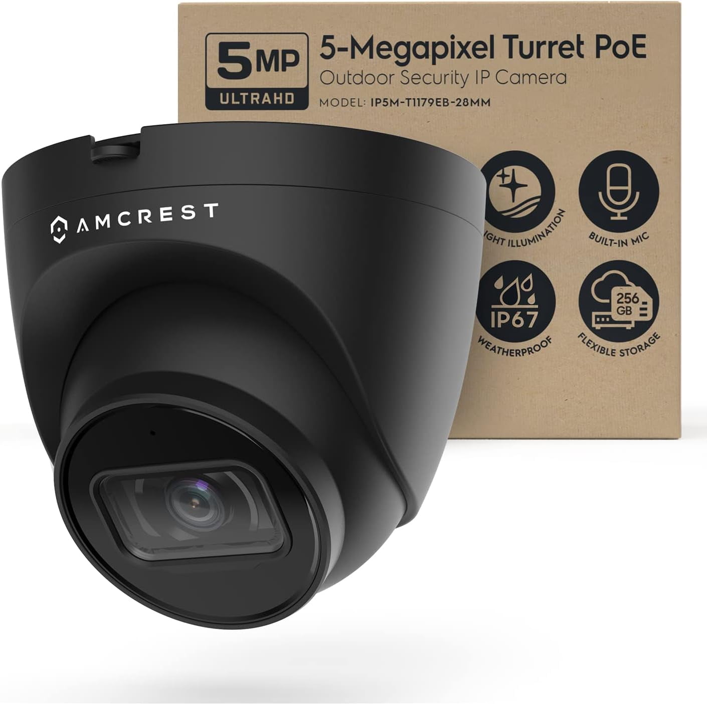 Pre-Owned Amcrest 5MP Turret POE Camera, UltraHD Outdoor IP Camera POE with Mic/Audio, 5 ...
