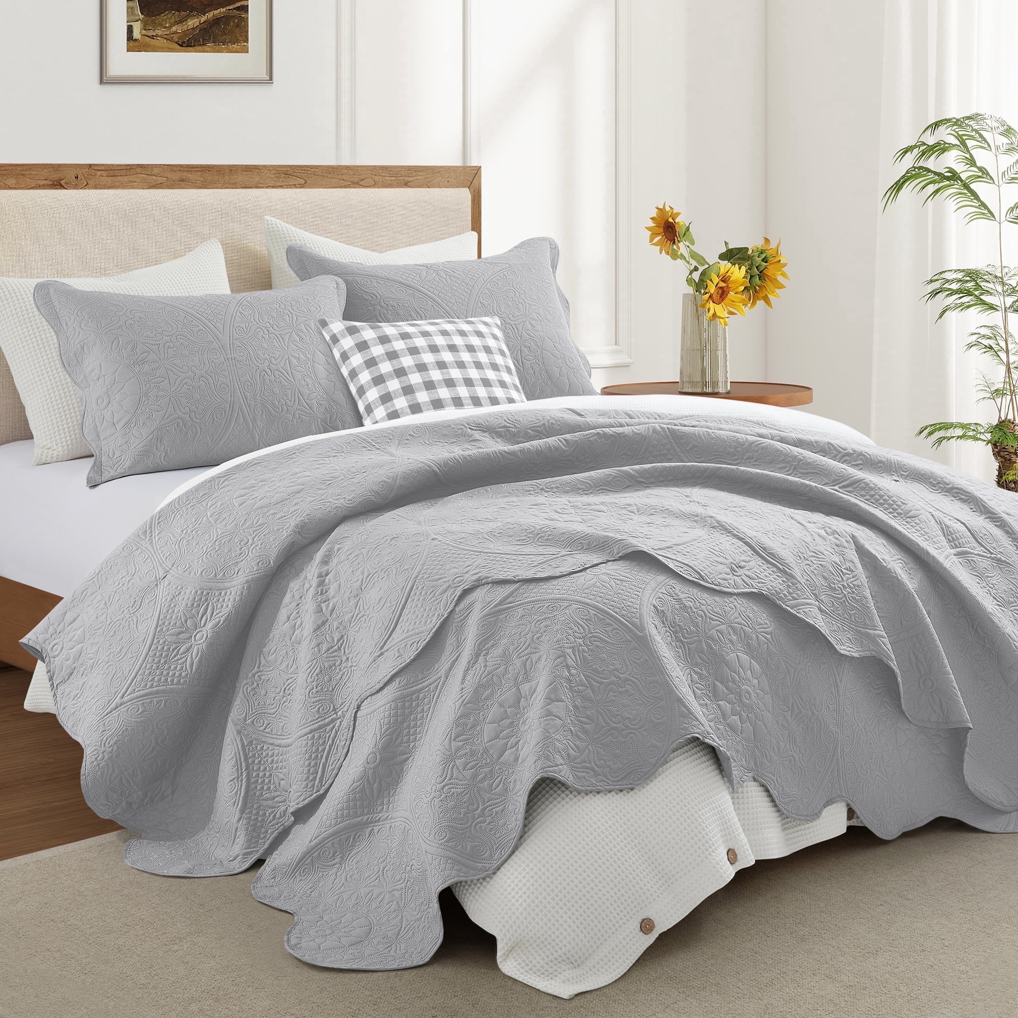 Ameha 3-Piece Coverlet Set Modern Floral Embossed Quilt Soft Microfiber ...