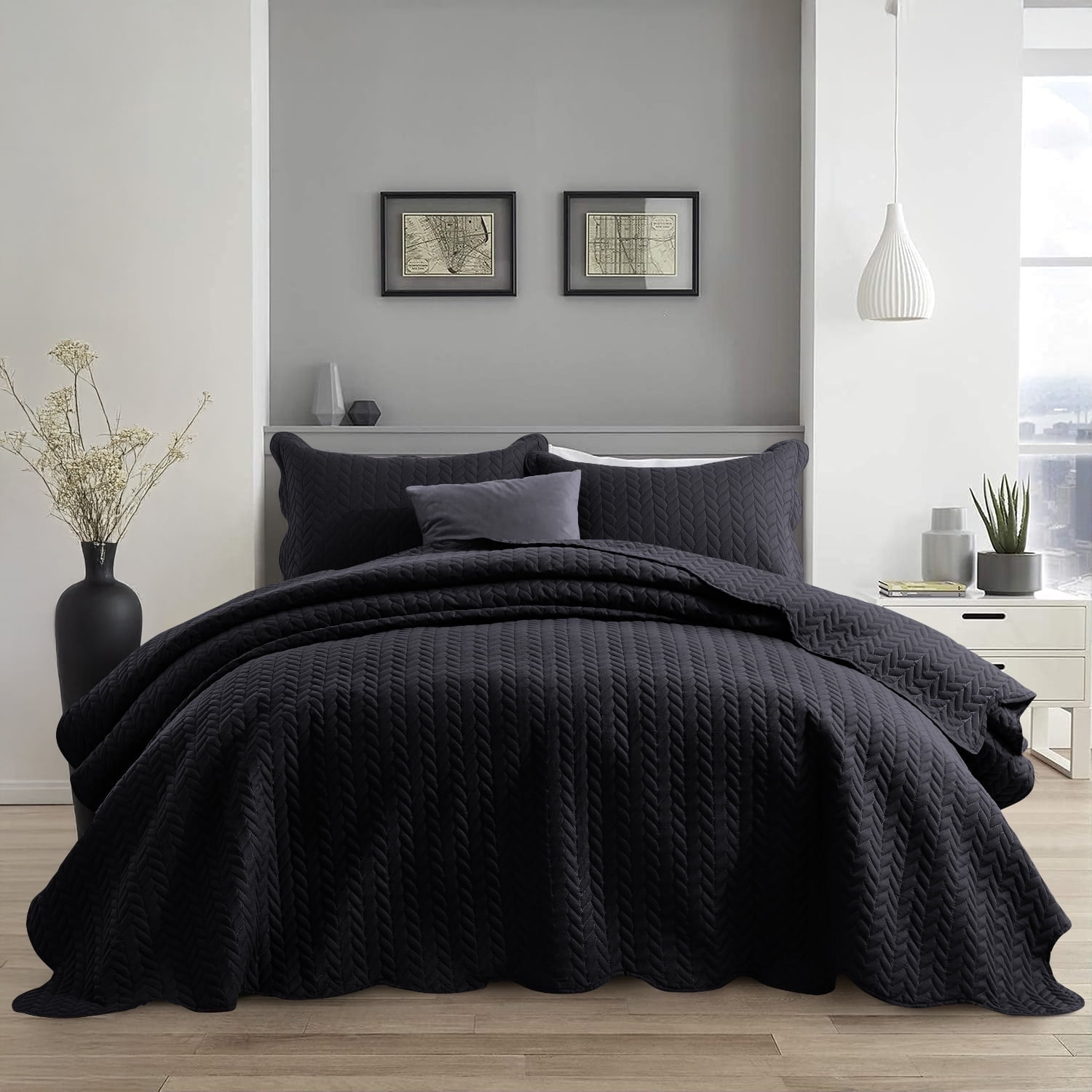 Ameha 3 Piece Quilt Set Chevron Embossed Bedspread Reversible Ultrasoft ...