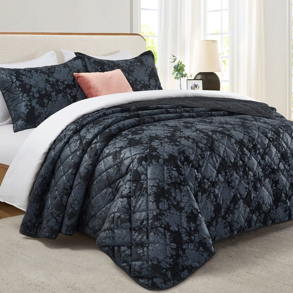 Ameha Luxury Velvet Quilt Floral Diamond Pattern 3-Piece Set Ultrasonic ...