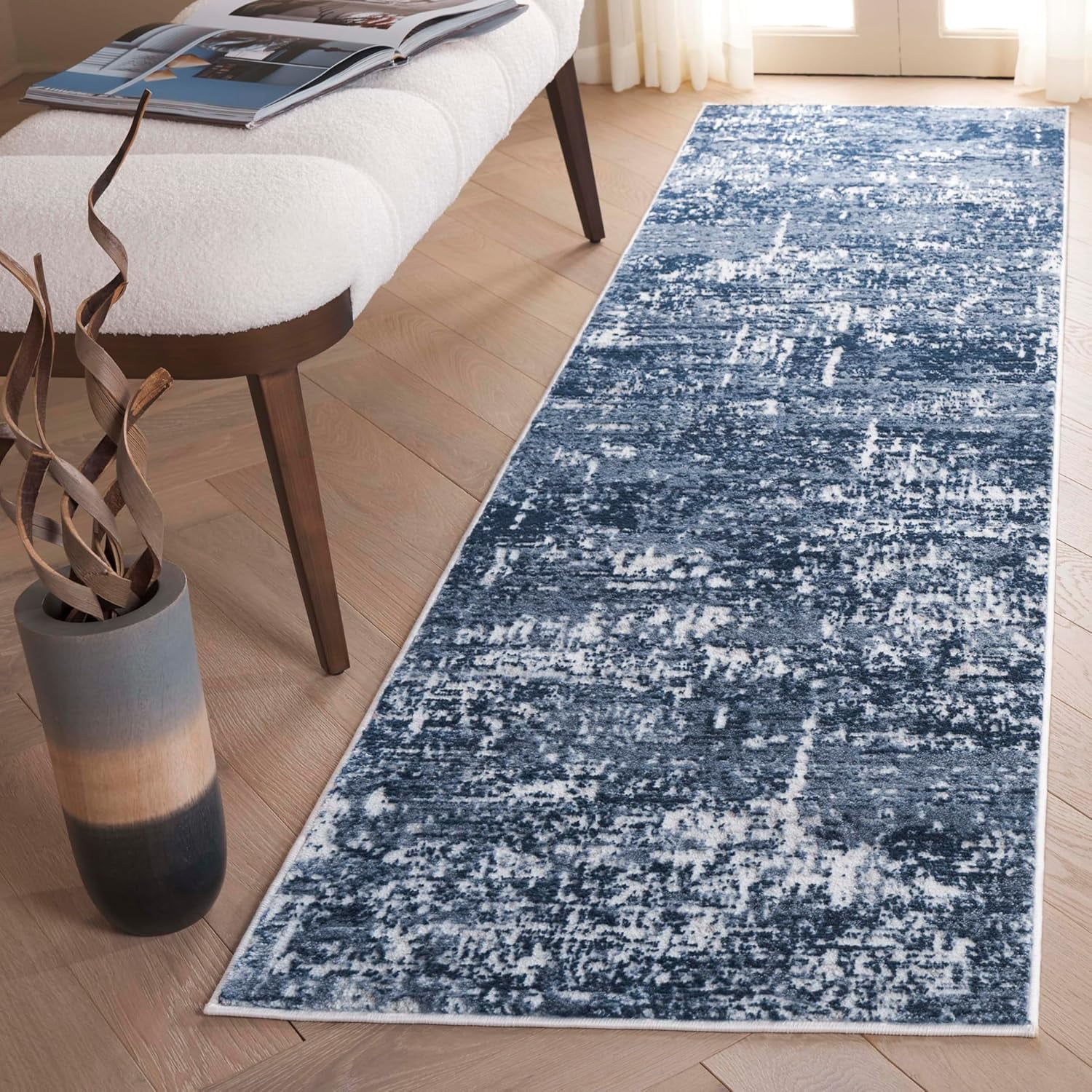Amelia Collection Runner - 2'2" x 8', Ivory & Dark Blue, Modern ...