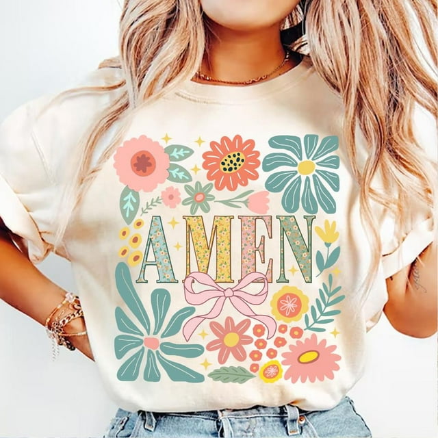 Amen Coquette Bow Shirt, Christian Easter T-Shirt with Boho Floral and ...