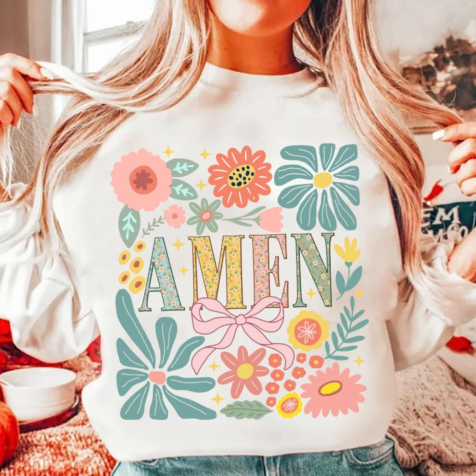 Amen Coquette Bow Sweatshirt, Christian Easter Pullover, Boho Floral Spring Jesus Bible Verse ...