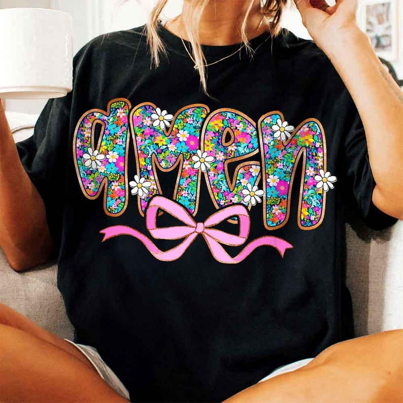 Amen Floral T-Shirt, Christian Easter Bible Verse Tee, Glitter Amen ...