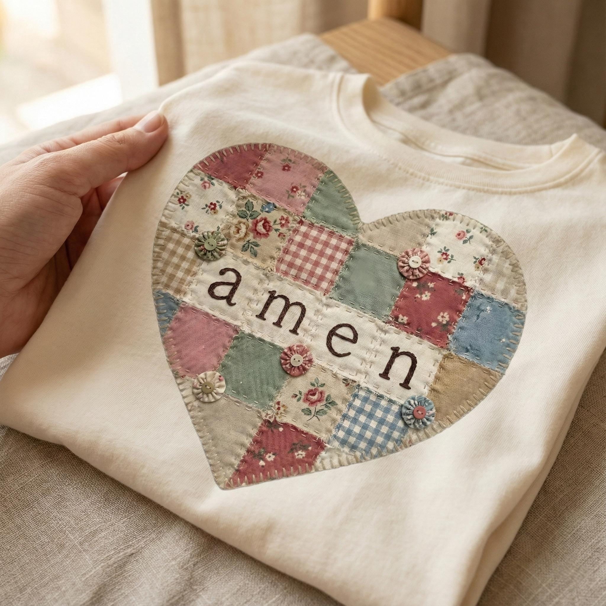 Amen Patchwork Heart Shirt Design T-shirt, Christian Faith Quilt Style ...