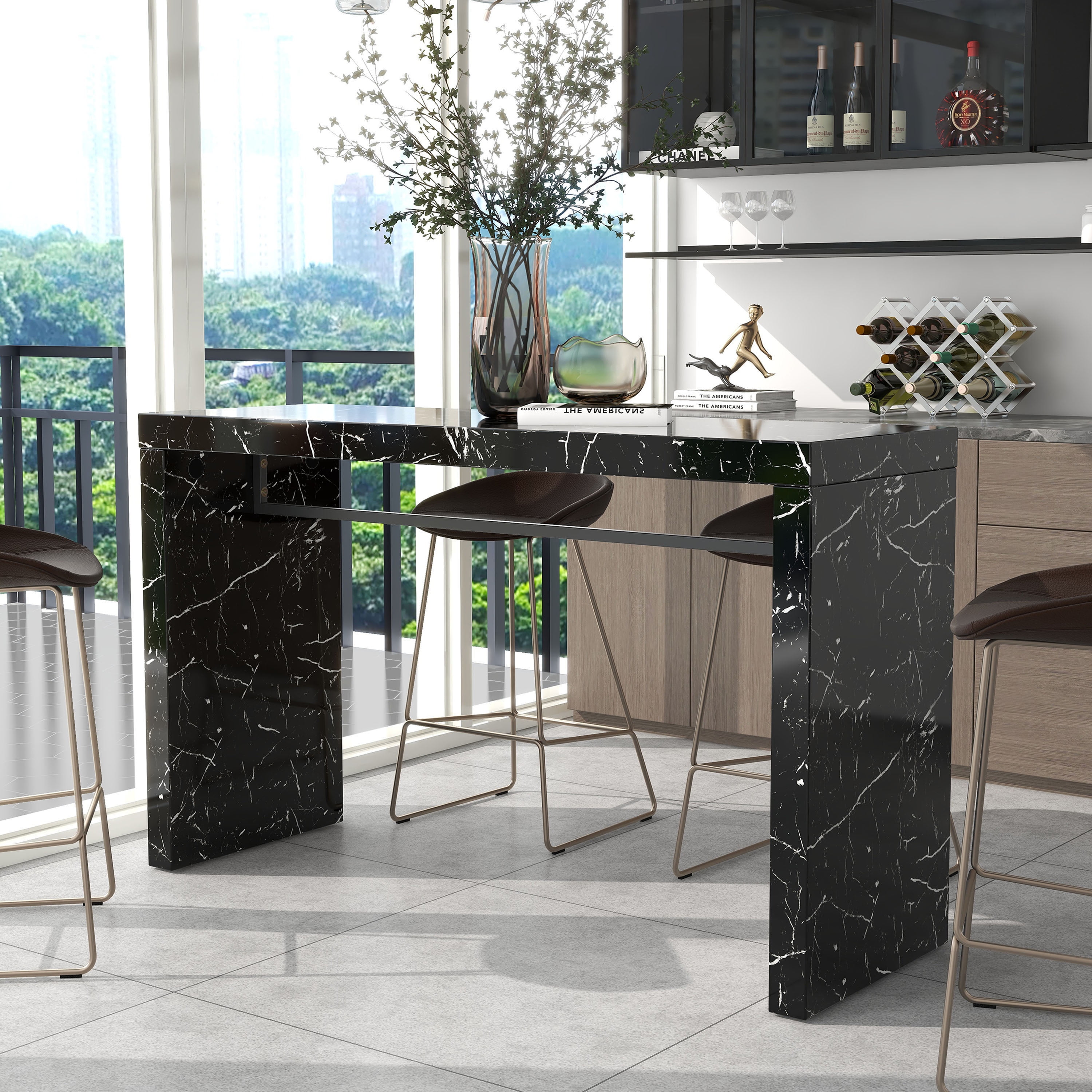 Amereti Faux Marble 60" Rectangle Counter Height Table, Glossy Black ...