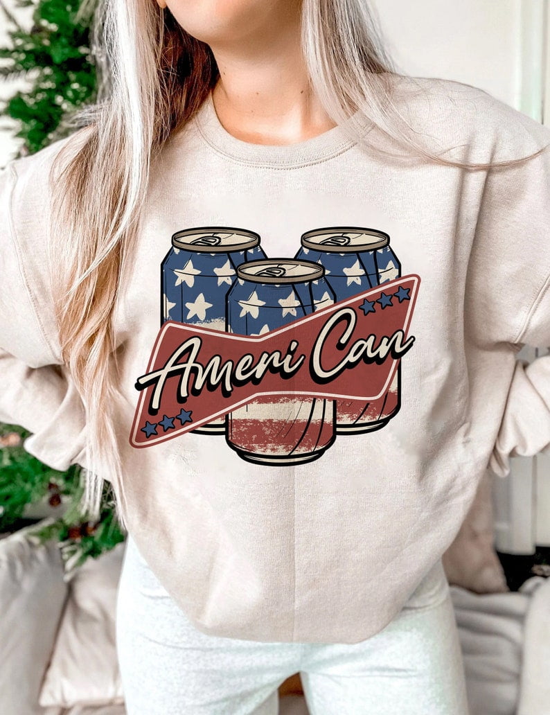 Ameri-Can USA Flag Sweatshirt, Patriotic 4th of July Crewneck, Independence Day Pullover ...