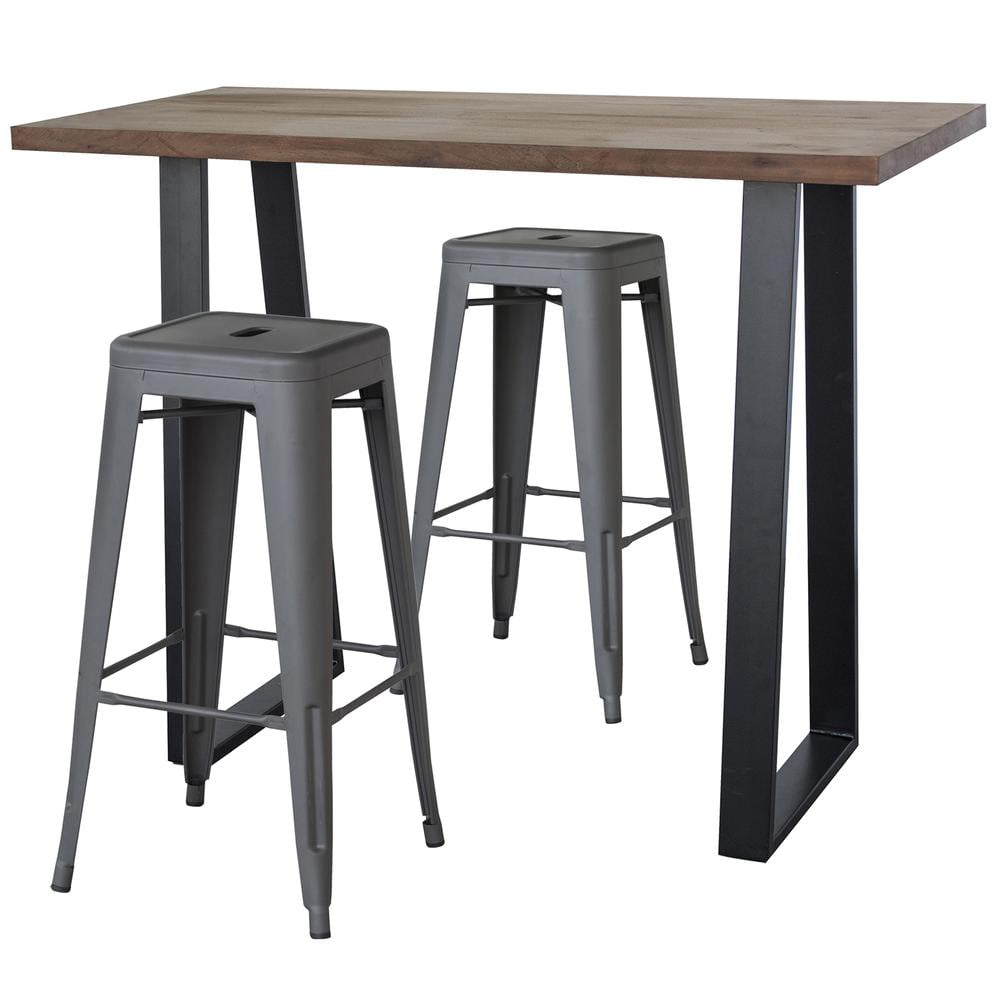 AmeriHome Acacia Finish Wood Top Bar Table with 2 Zinc Gunmetal 30-inch ...