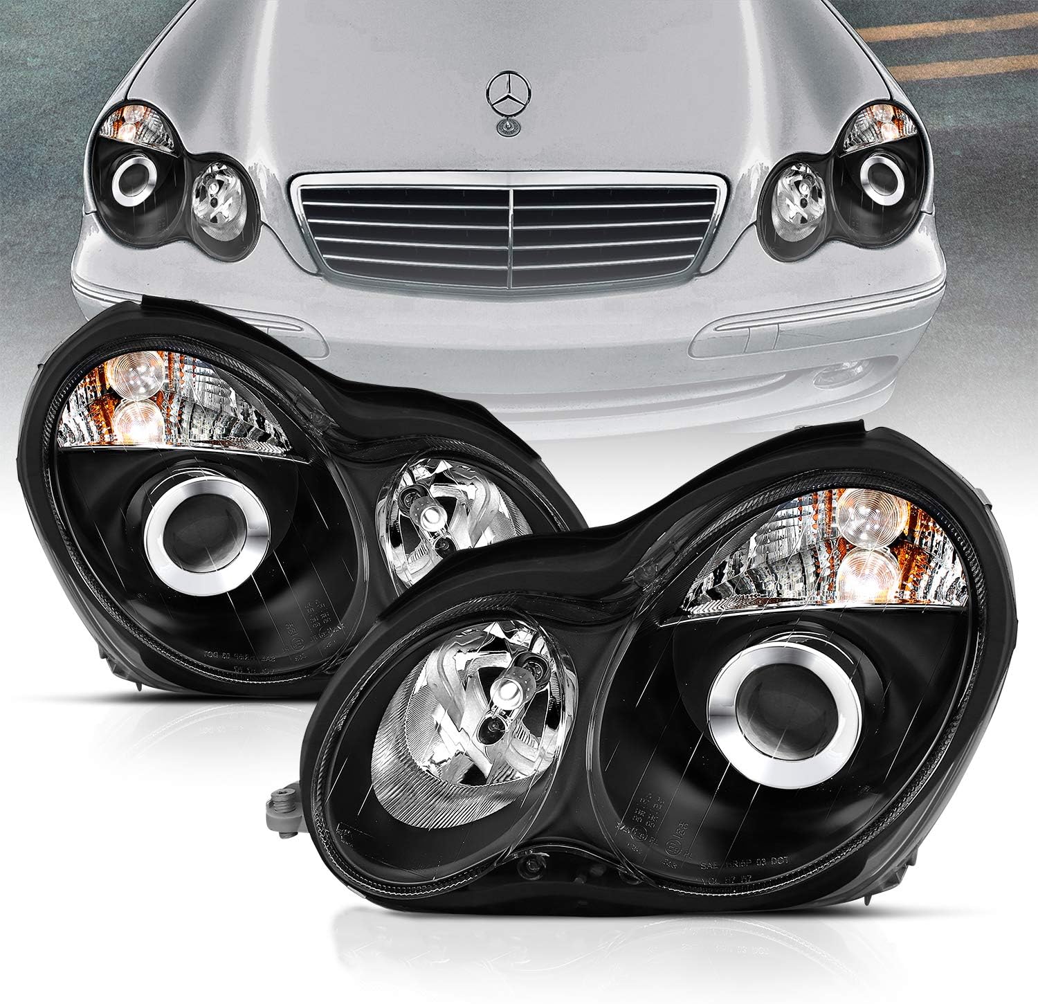 AmeriLite Projector Headlights Black for Mercedes-Benz C Class W203 ...