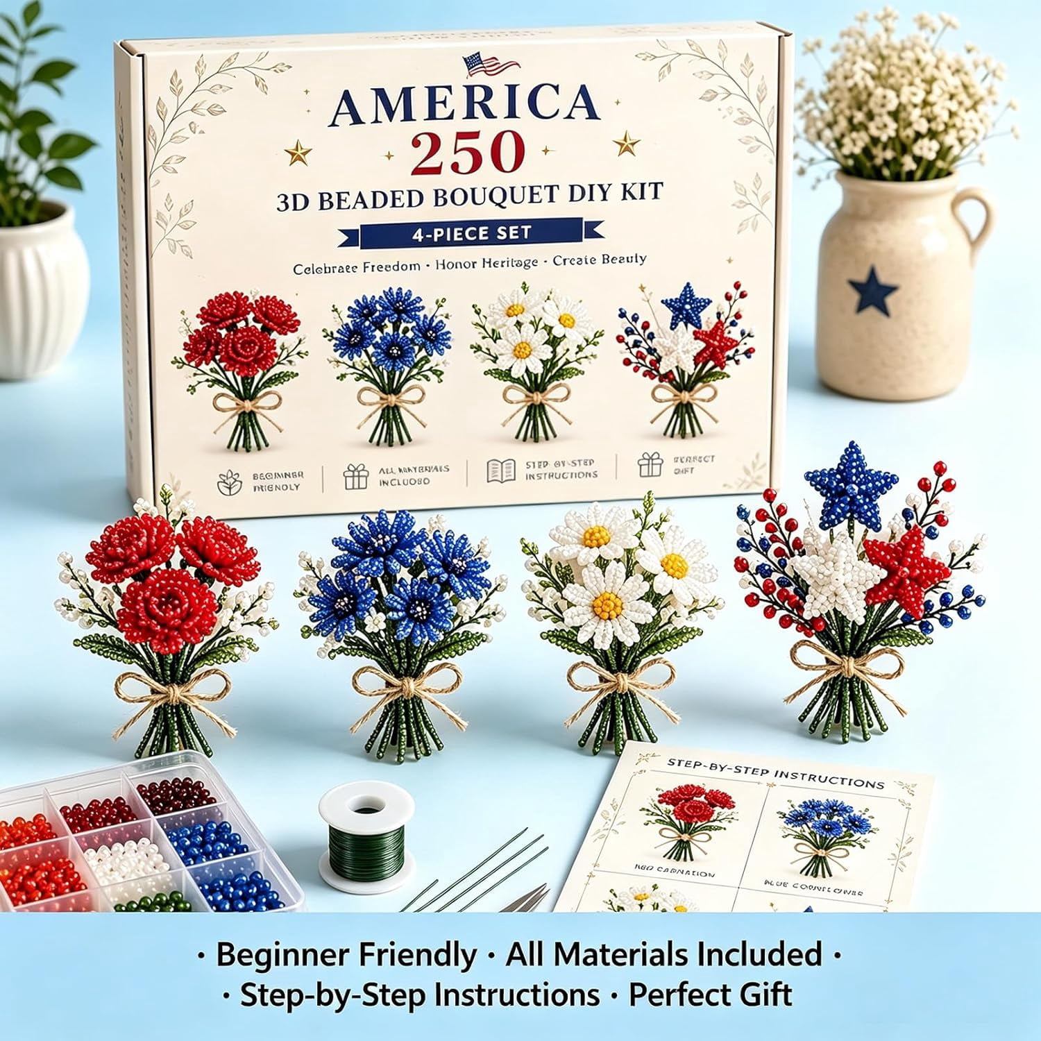 America 250 Beaded Bouquet DIY Kit – 4 Pack Patriotic Flower Craft Set ...