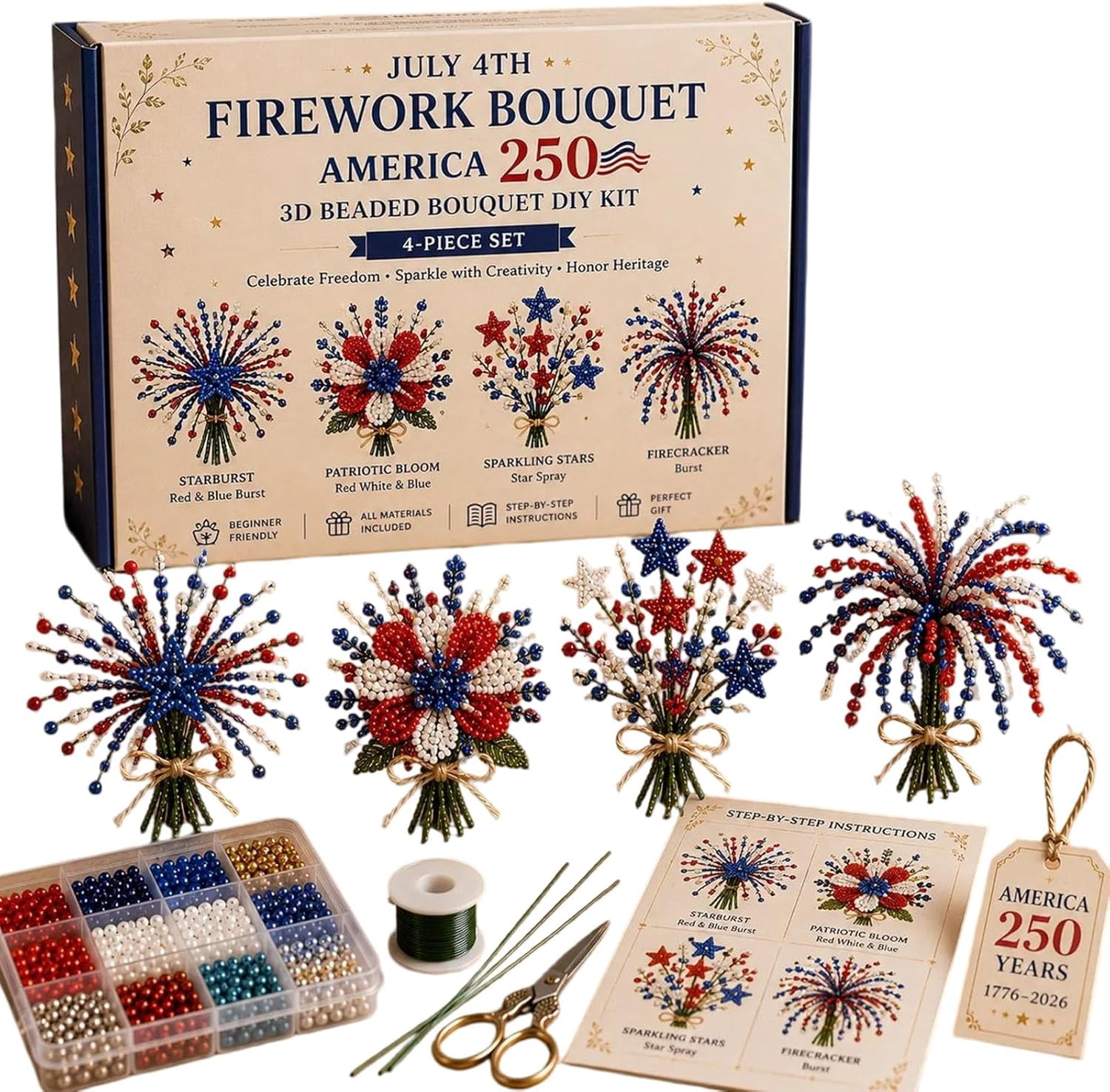 America 250 Beaded Bouquet DIY Kit, Patriotic 3D Beaded Flower Craft ...