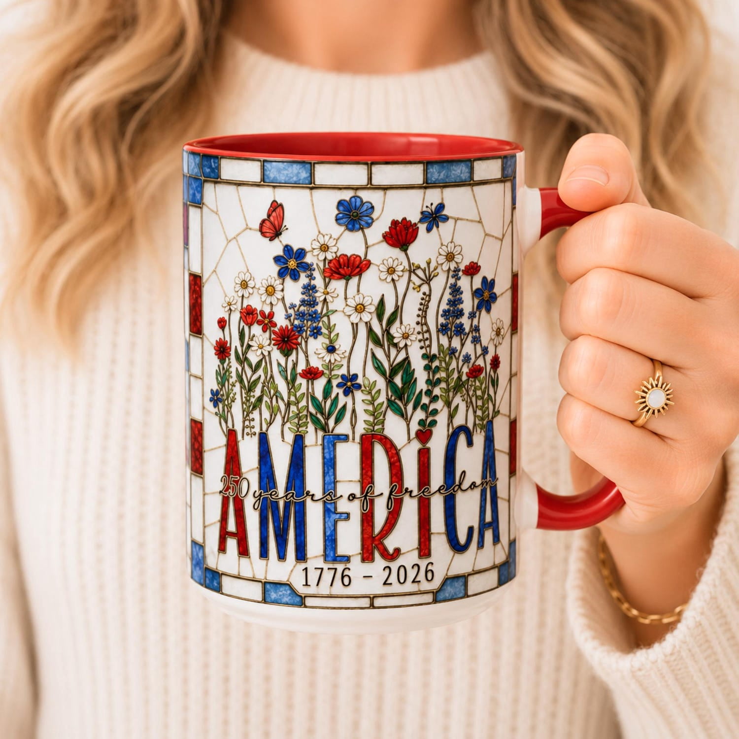 America 250 Faux Stained Glass Mug, Wildflower Coffee Mug, Floral ...