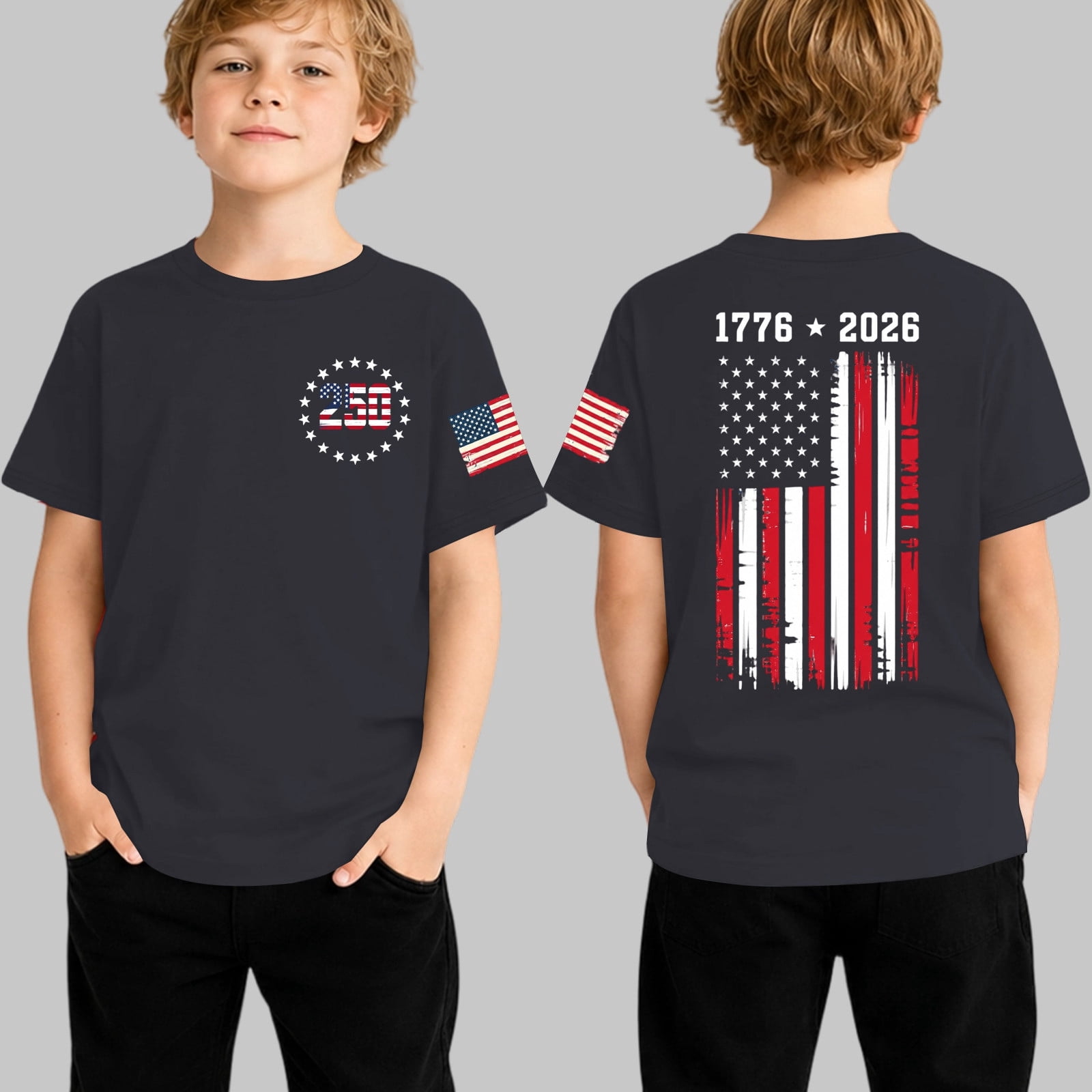 America 250 Merchandise Boys Short Sleeve Crewneck Patriotic Graphic ...